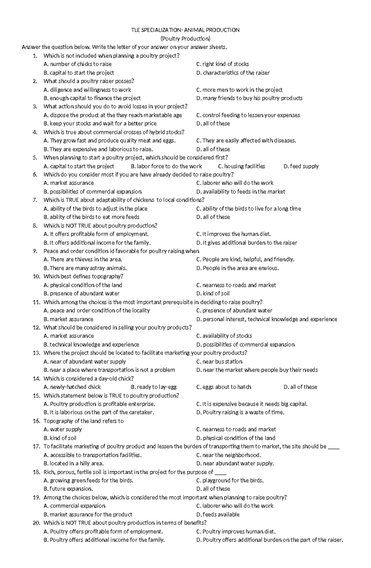 TLE Specialization poultry - TLE SPECIALIZATION- ANIMAL PRODUCTION ...