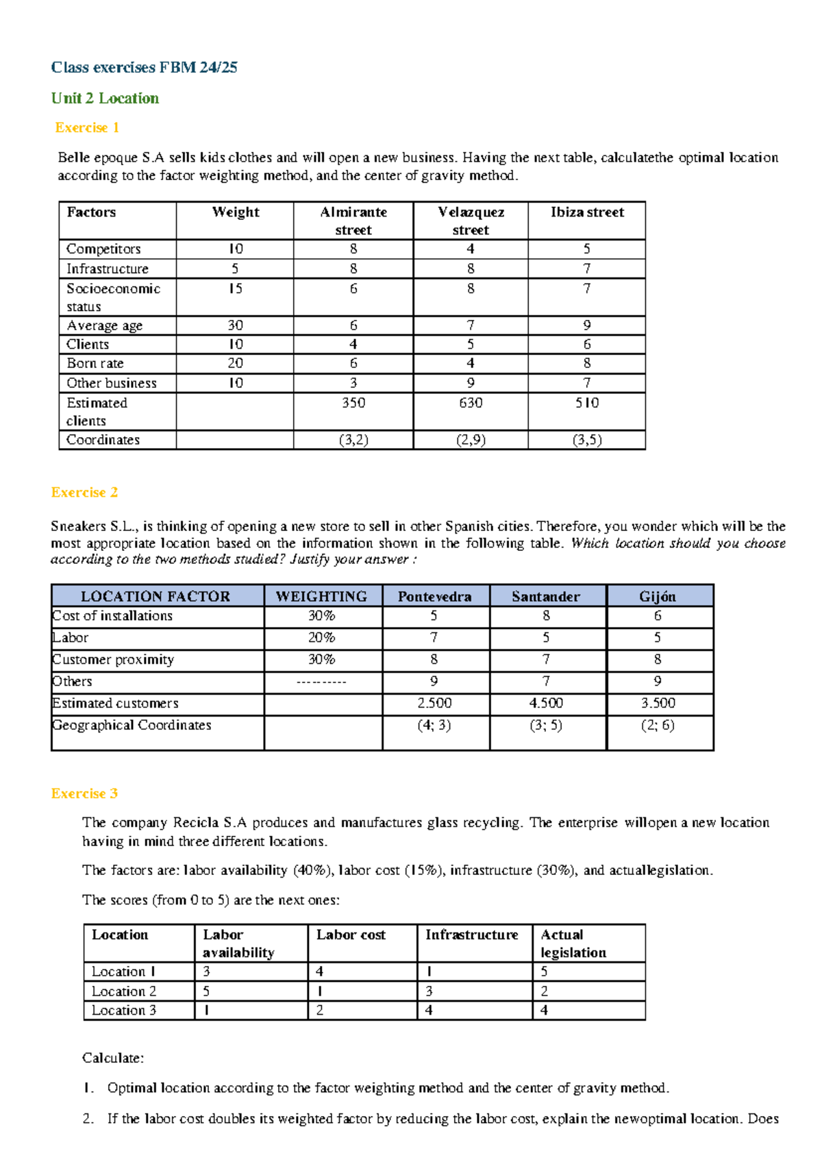 Class exercises FBM-2 - Having the next table, calculate the optimal ...