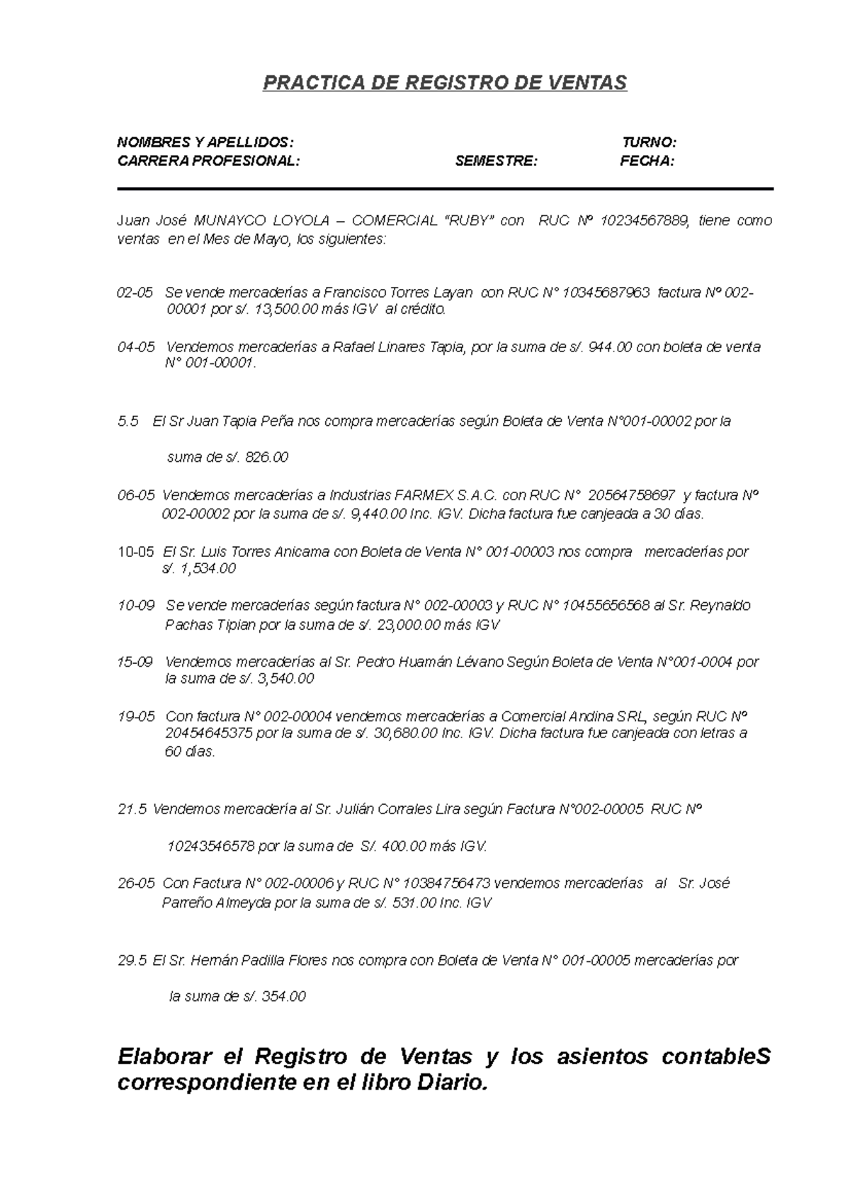 Practica DE REG. de Ventas Mayo 2022 L X C - PRACTICA DE REGISTRO DE ...