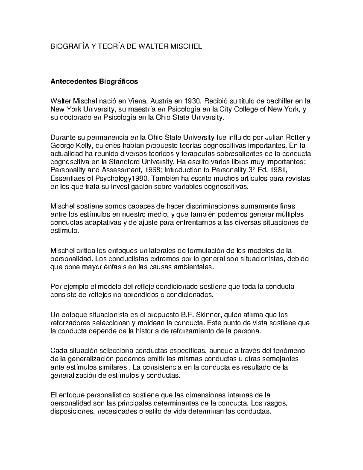 Biografía Y Teoría DE Walter Mischel - BIOGRAFÍA Y TEORÍA DE WALTER ...