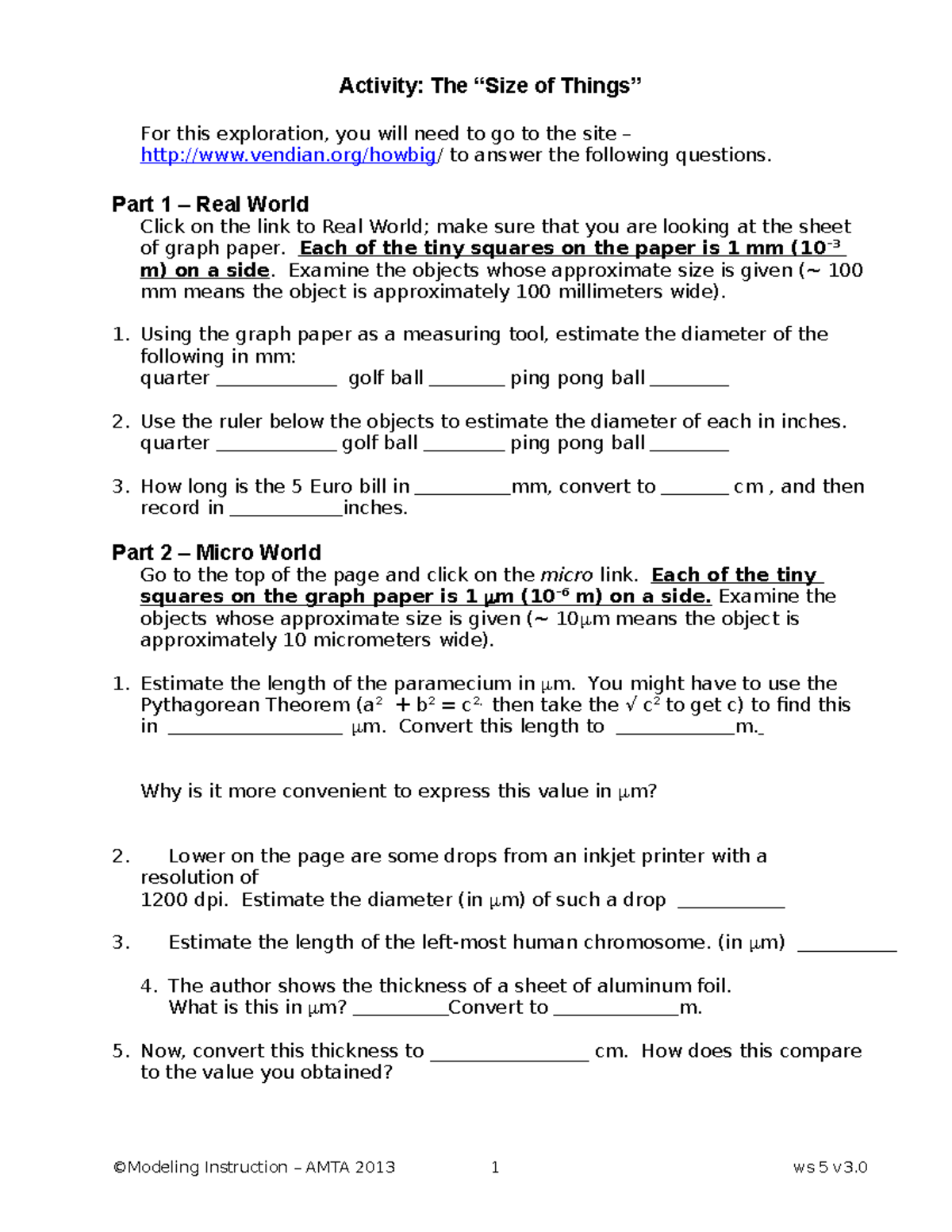 Activity The Size of Things - Activity: The “Size of Things” For this ...