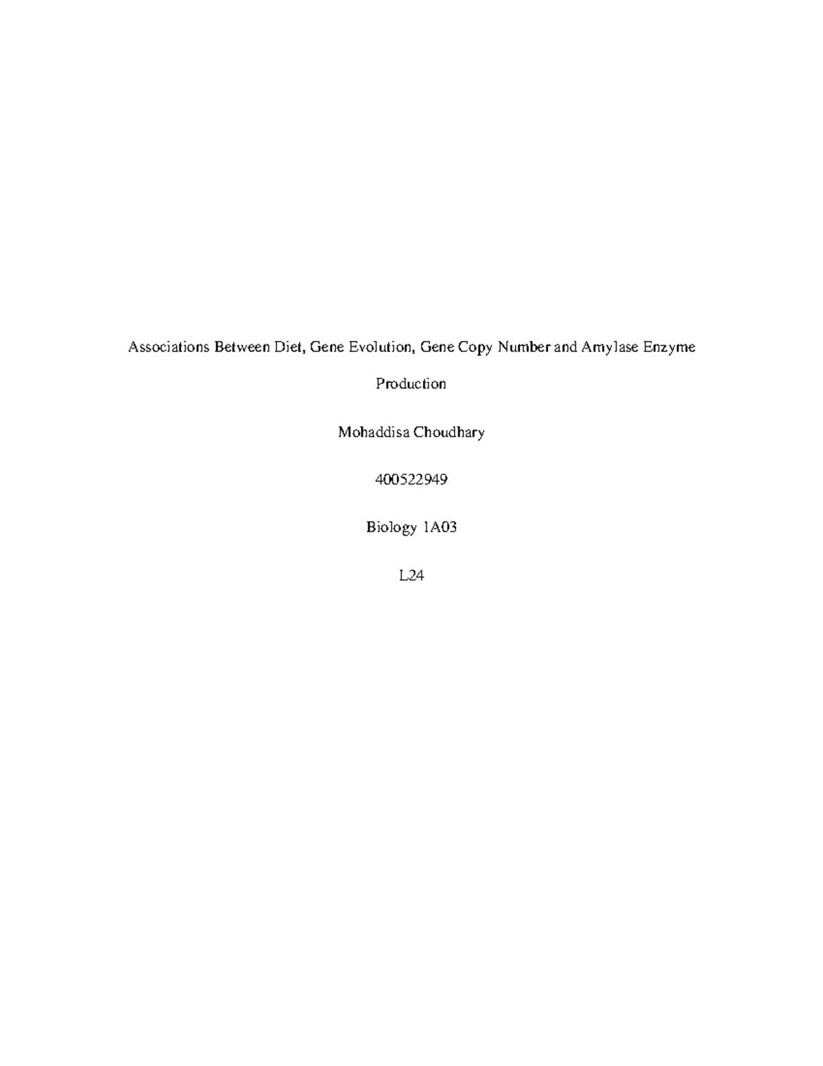 Biology 1A03 Final Lab Report - Associations Between Diet, Gene ...