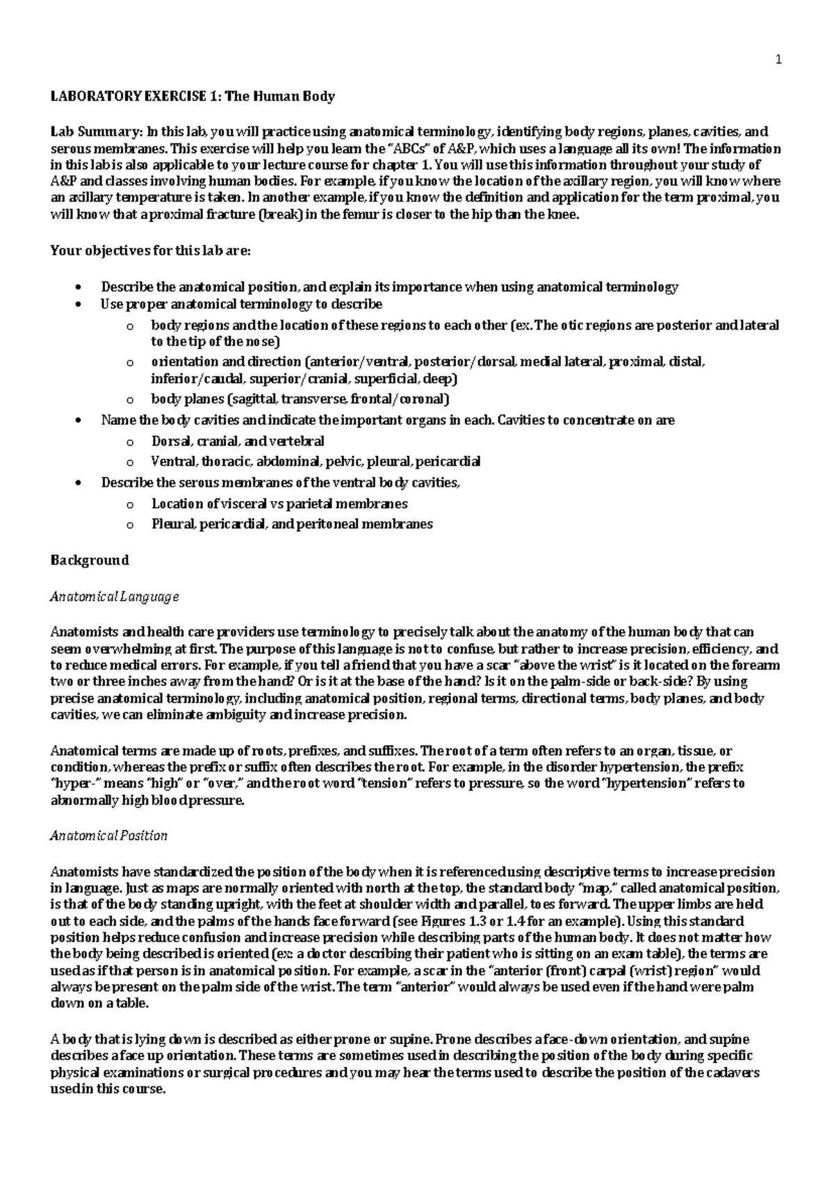 Laboratory Exercises Guide 1 - LABORATORY EXERCISE 1: The Human Body ...