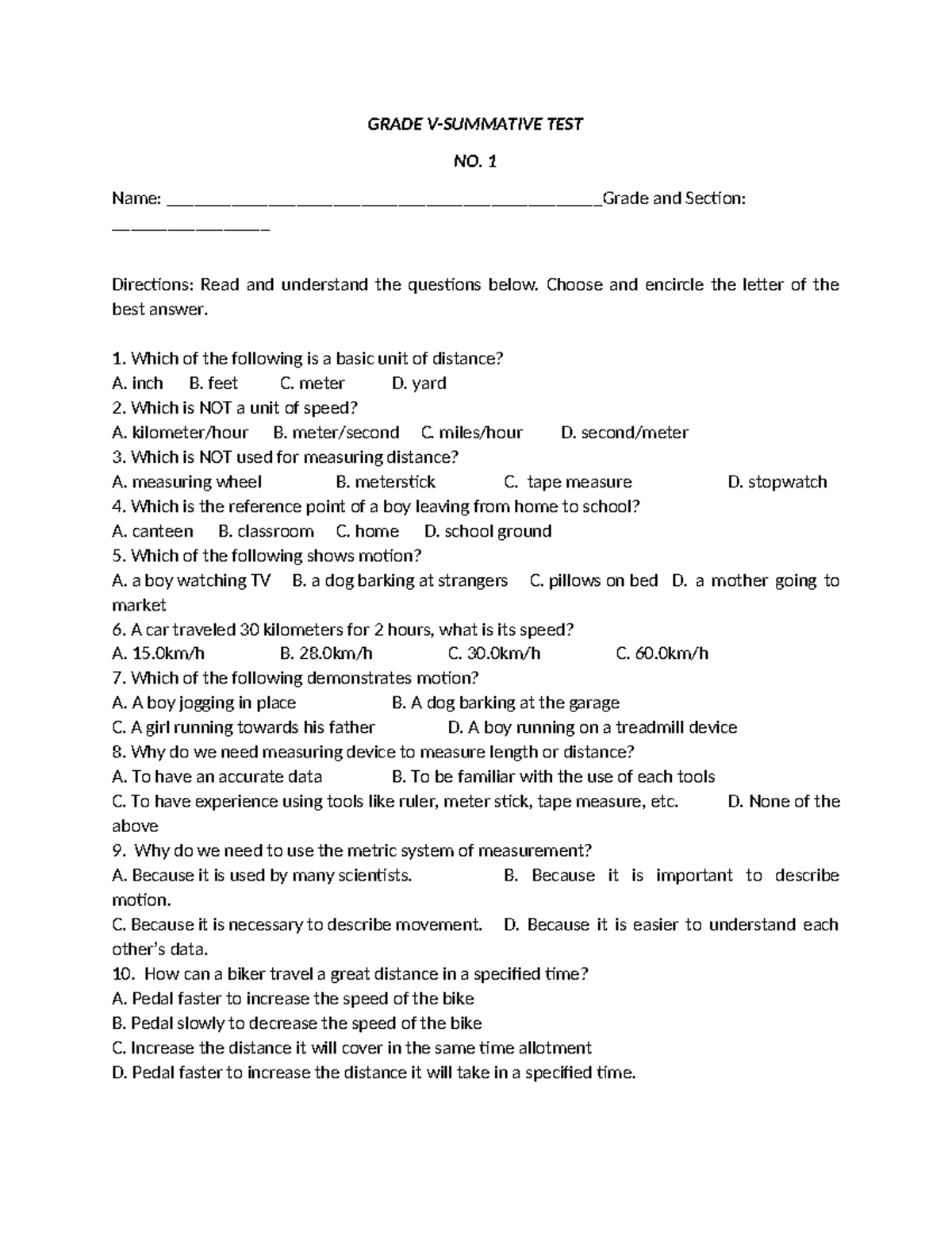 Summative TEST Grade 5 (NO. 1) - GRADE V-SUMMATIVE TEST NO. 1 Name ...