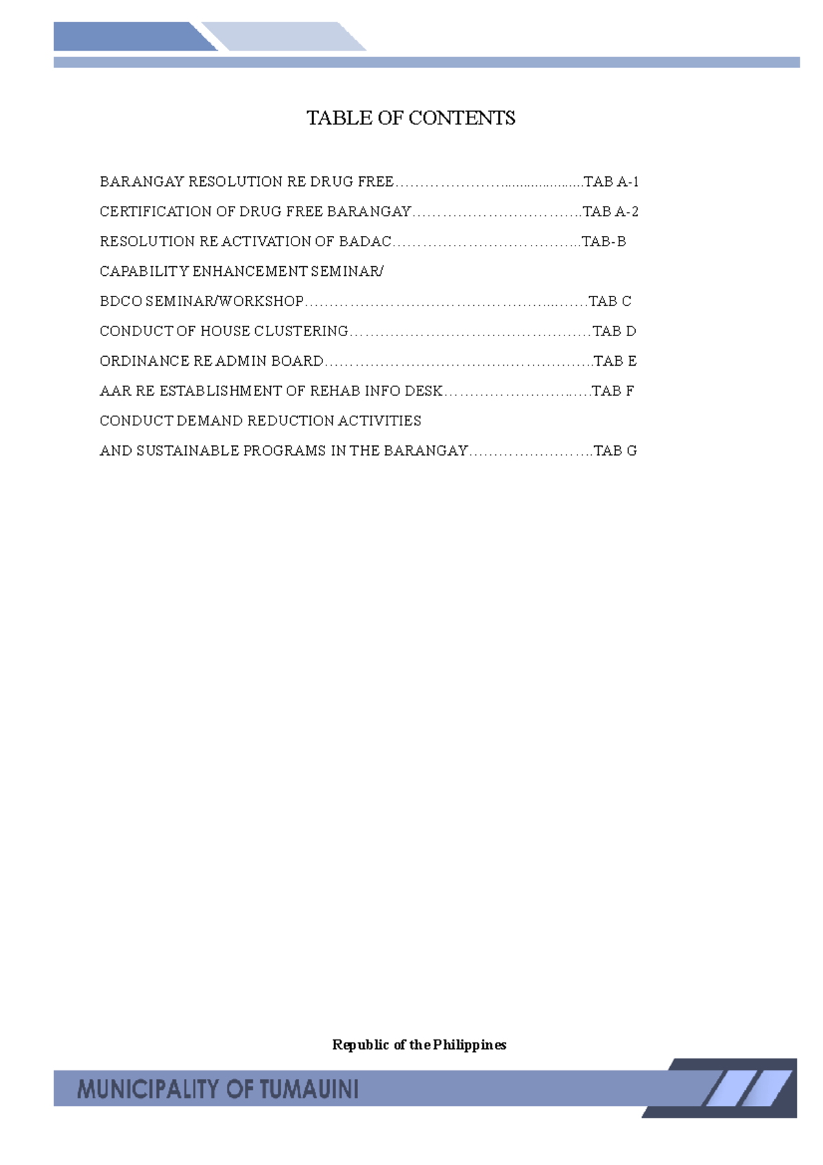 DRUG FREE Draft - DRUG AWARENESS - TABLE OF CONTENTS BARANGAY ...