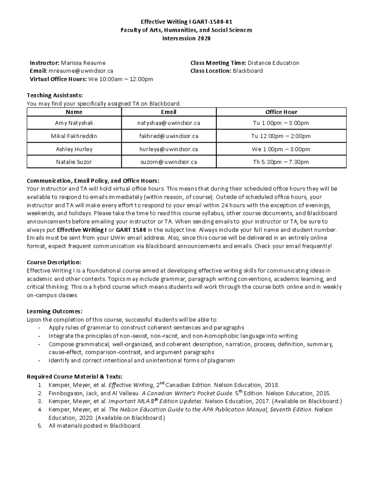 Course Syllabus - Effective Writing I GART- 1500 - 01 Faculty of Arts ...