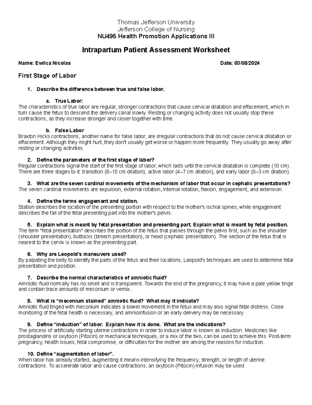L&D Intrapartum worksheet - Thomas Jefferson University Jefferson ...