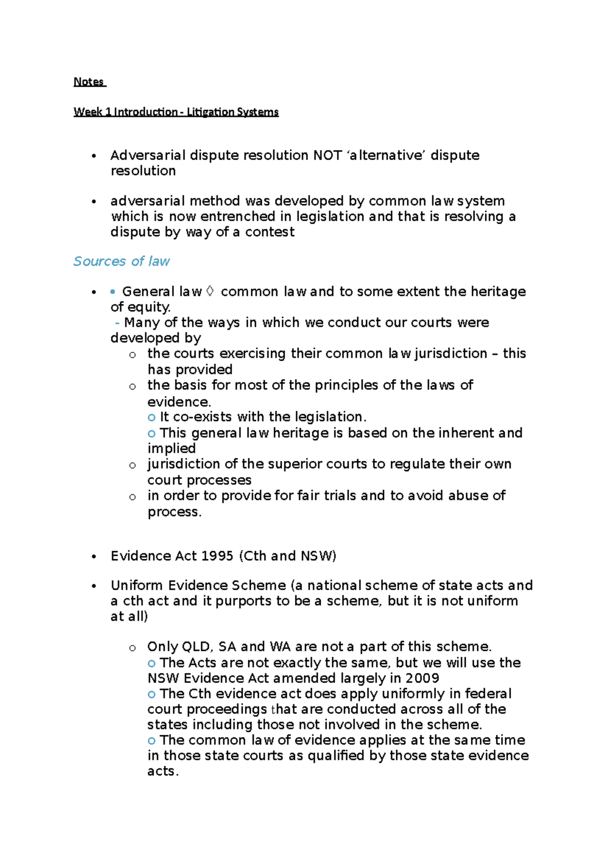 Evidence - Lecture notes 1-12 - Notes Week 1 Introduction - Litigation ...