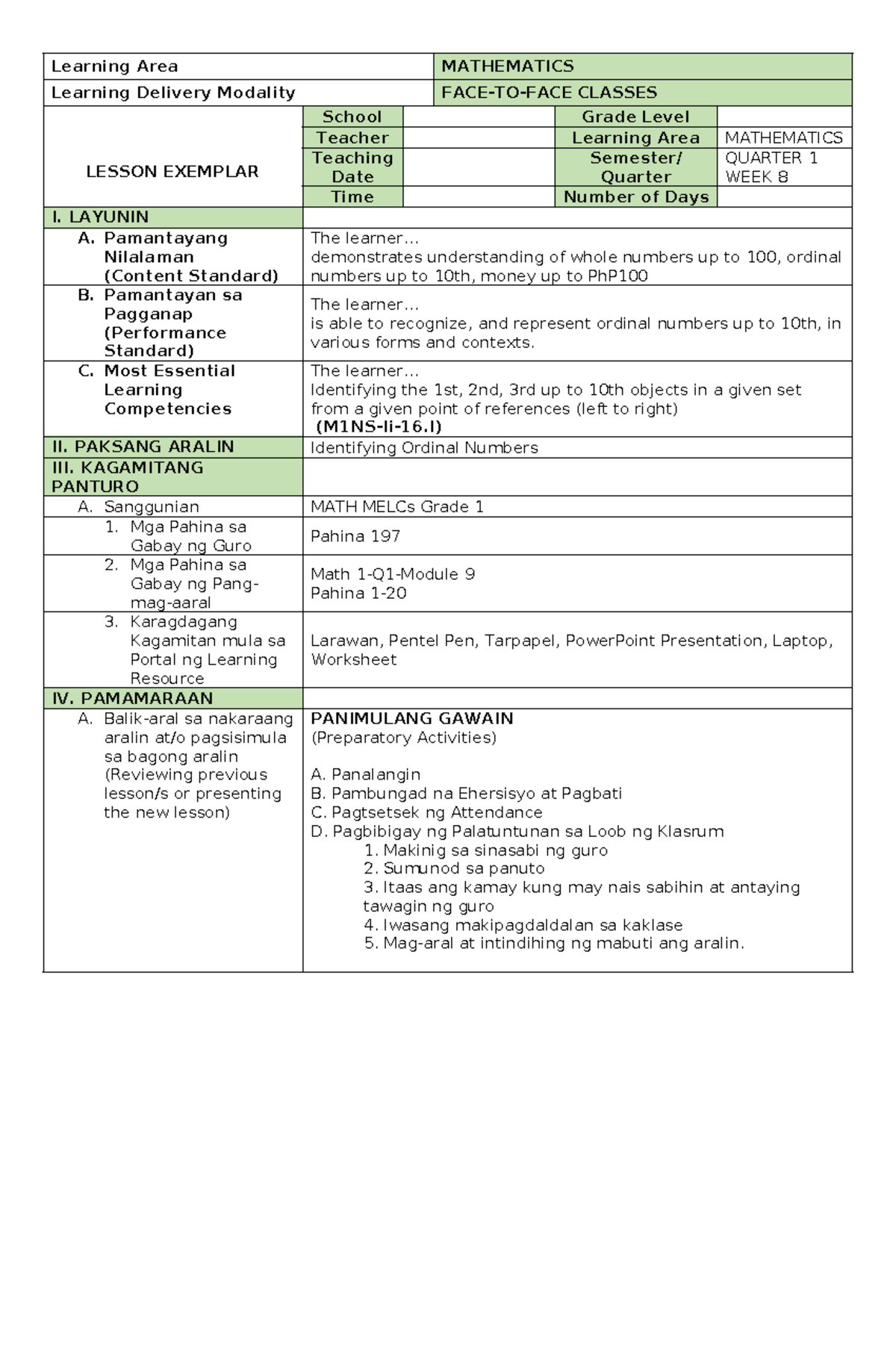 1st Quarter Classroom Observation Ordinal Numbers - Learning Area ...