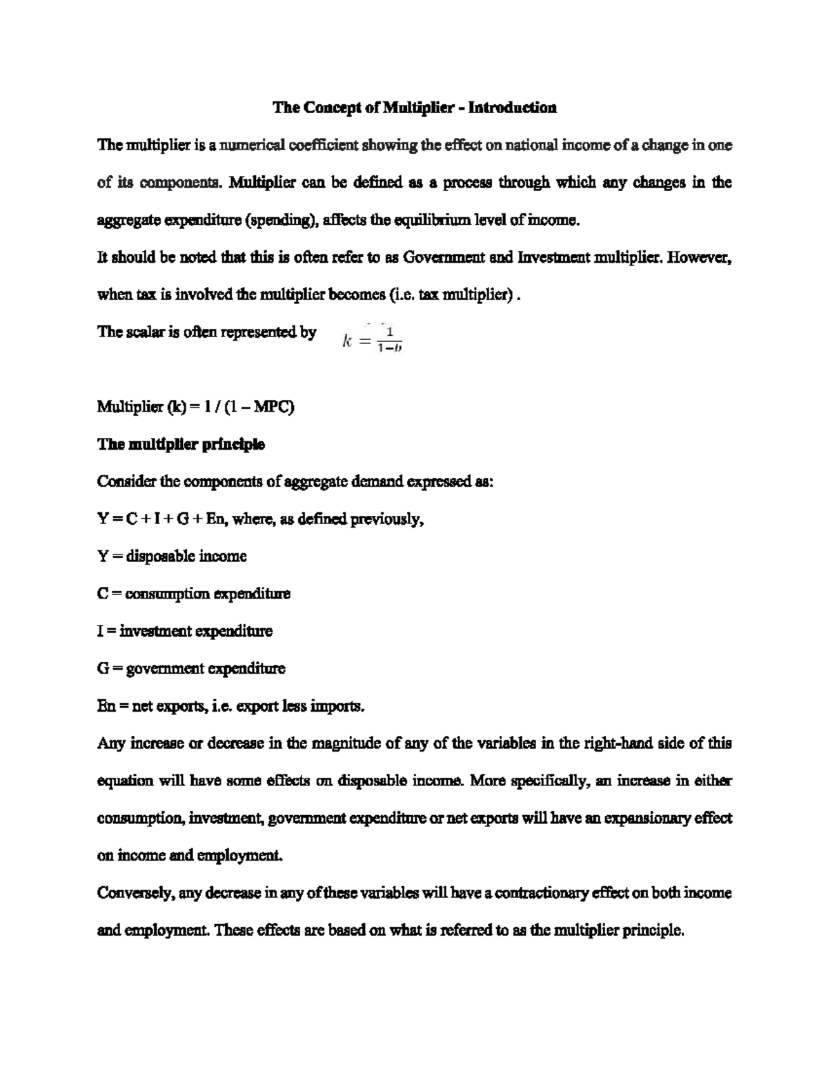 Concept OF Multiplier - Principles of Economics - Studocu