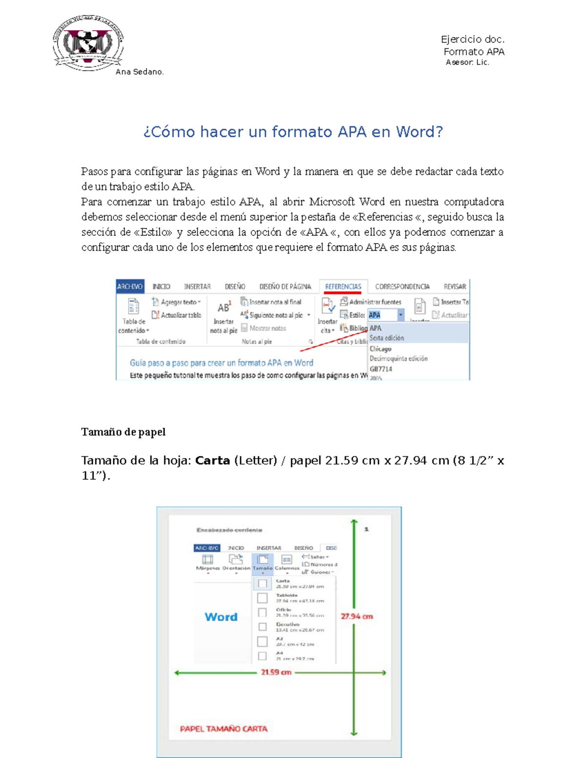 Como realizar un formato APA en Word - Formato APA Asesor: Lic. Ana ...