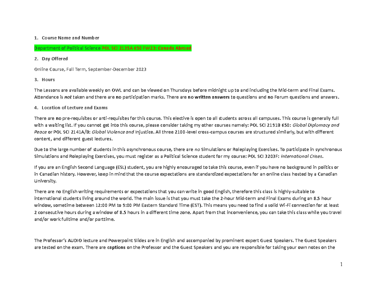 POL SCI 2135A 650 FW23 September 6 2023 - Course Name and Number ...