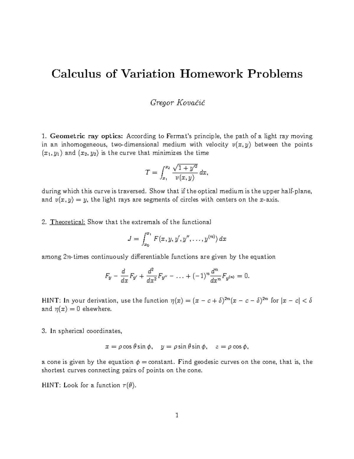 Calc Of Variations Problems Calculus Of Variation Homework Problems
