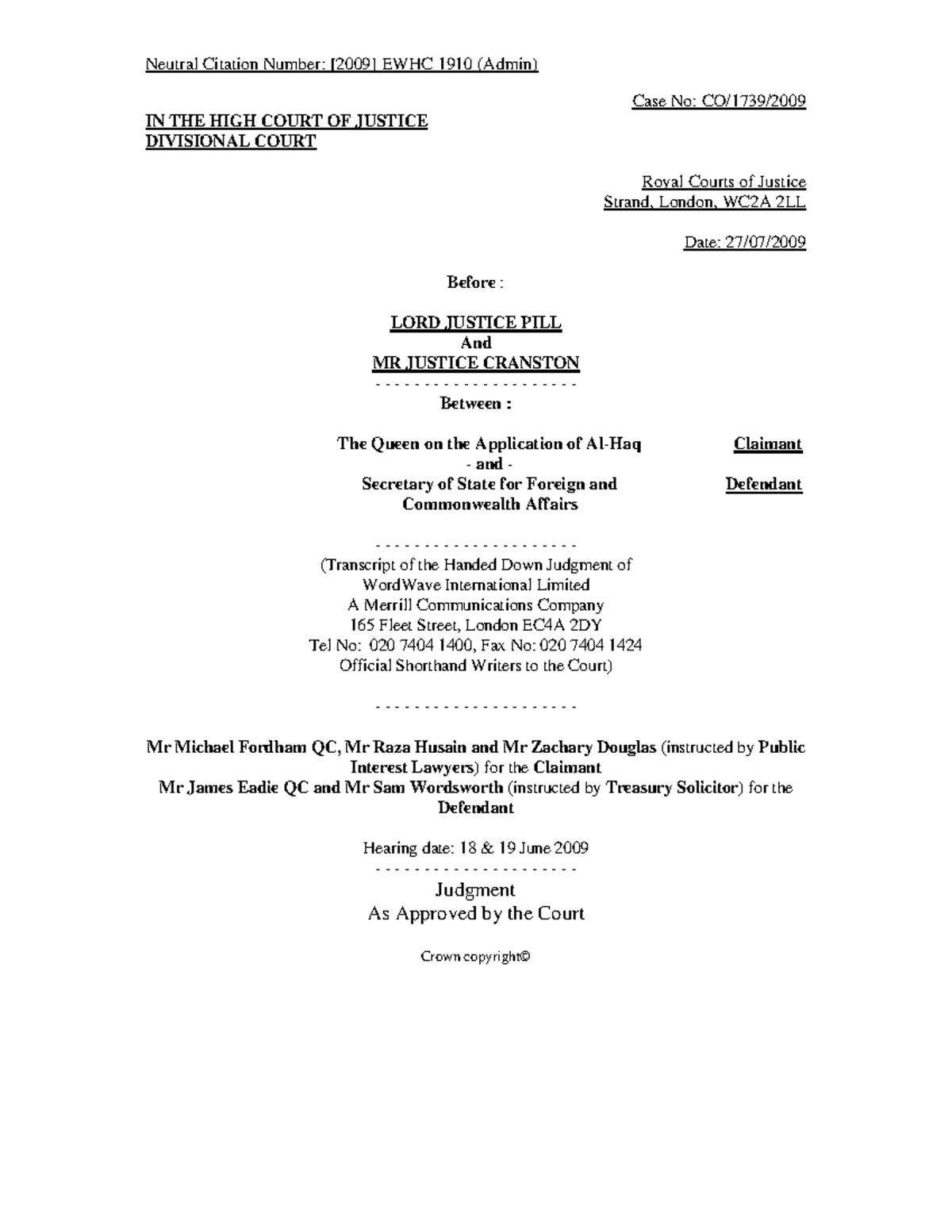 R. (on the application of Al-Haq) v Secretary of State for Foreign and ...