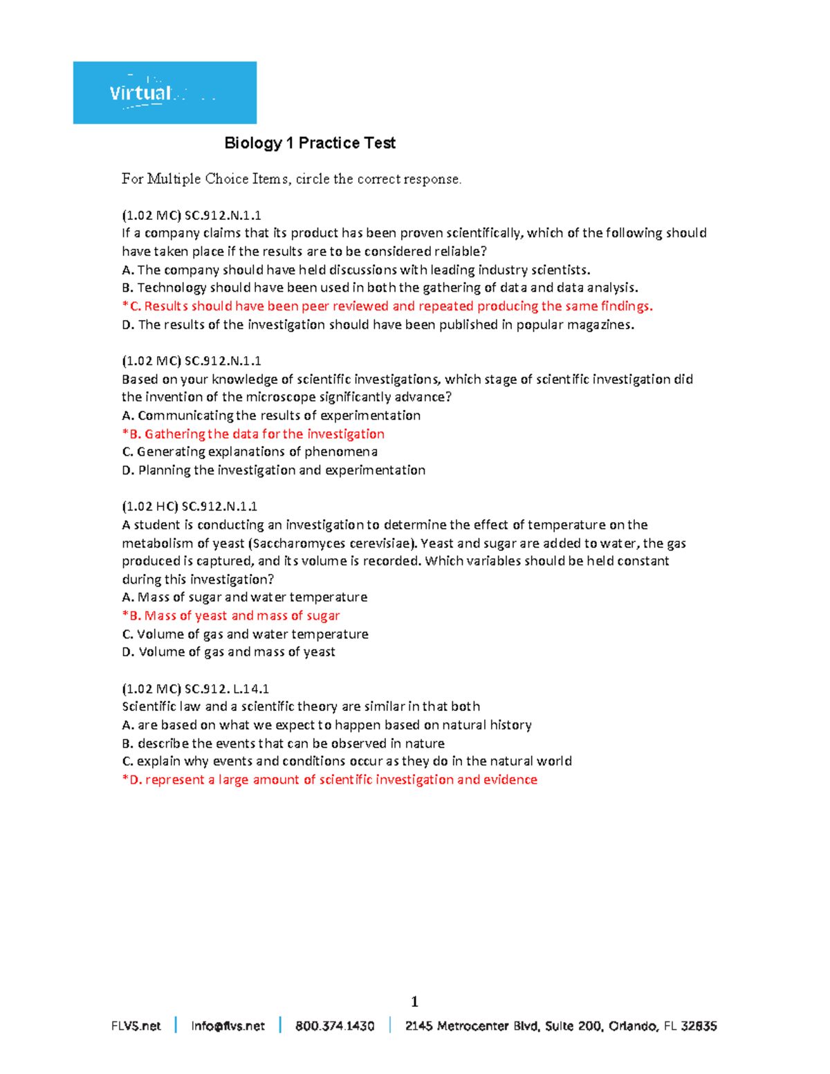 Biology 1 Practice Test for Multiple Choice Items - Studocu