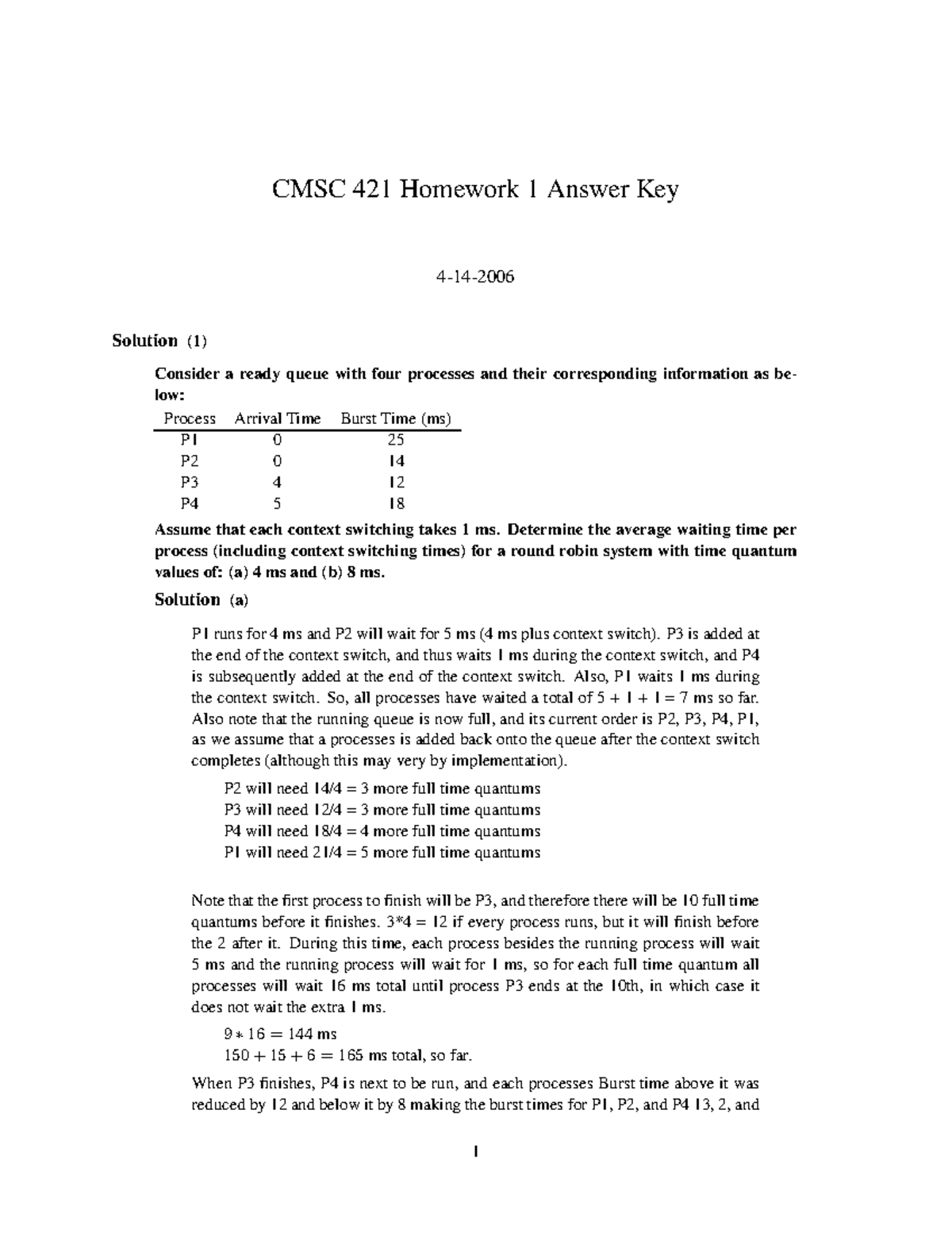 Homework 1-soln - Assignment - CMSC 421 Homework 1 Answer Key 4-14- Solution (1) Consider a ...