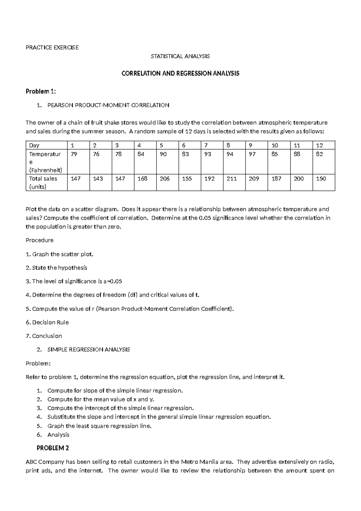 Statistics Practice- Exercise - PRACTICE EXERCISE STATISTICAL ANALYSIS ...