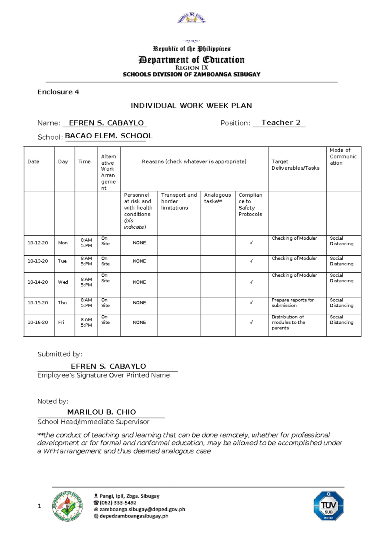 IWWP October - Thanks - 1 Enclosure 4 INDIVIDUAL WORK WEEK PLAN Name ...