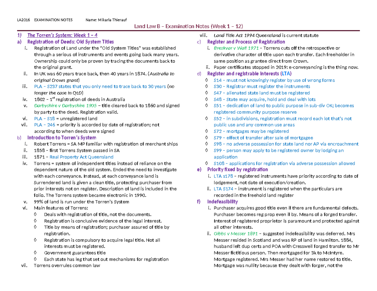 Land Law 2 - Examination Notes - LA2016 EXAMINATION NOTES Name: Mikarla ...