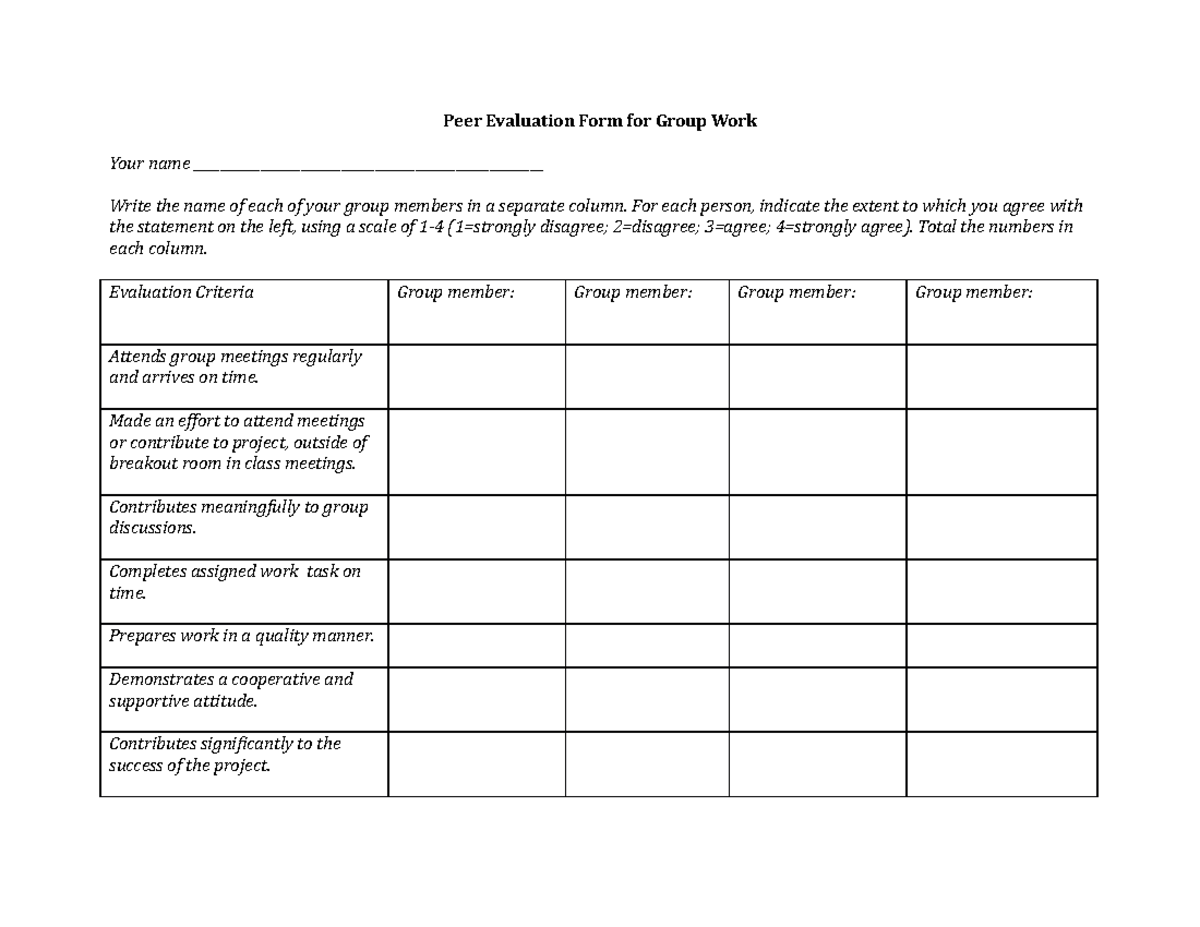 Peer Eval-Group Work 2023 - Peer Evaluation Form for Group Work Your ...