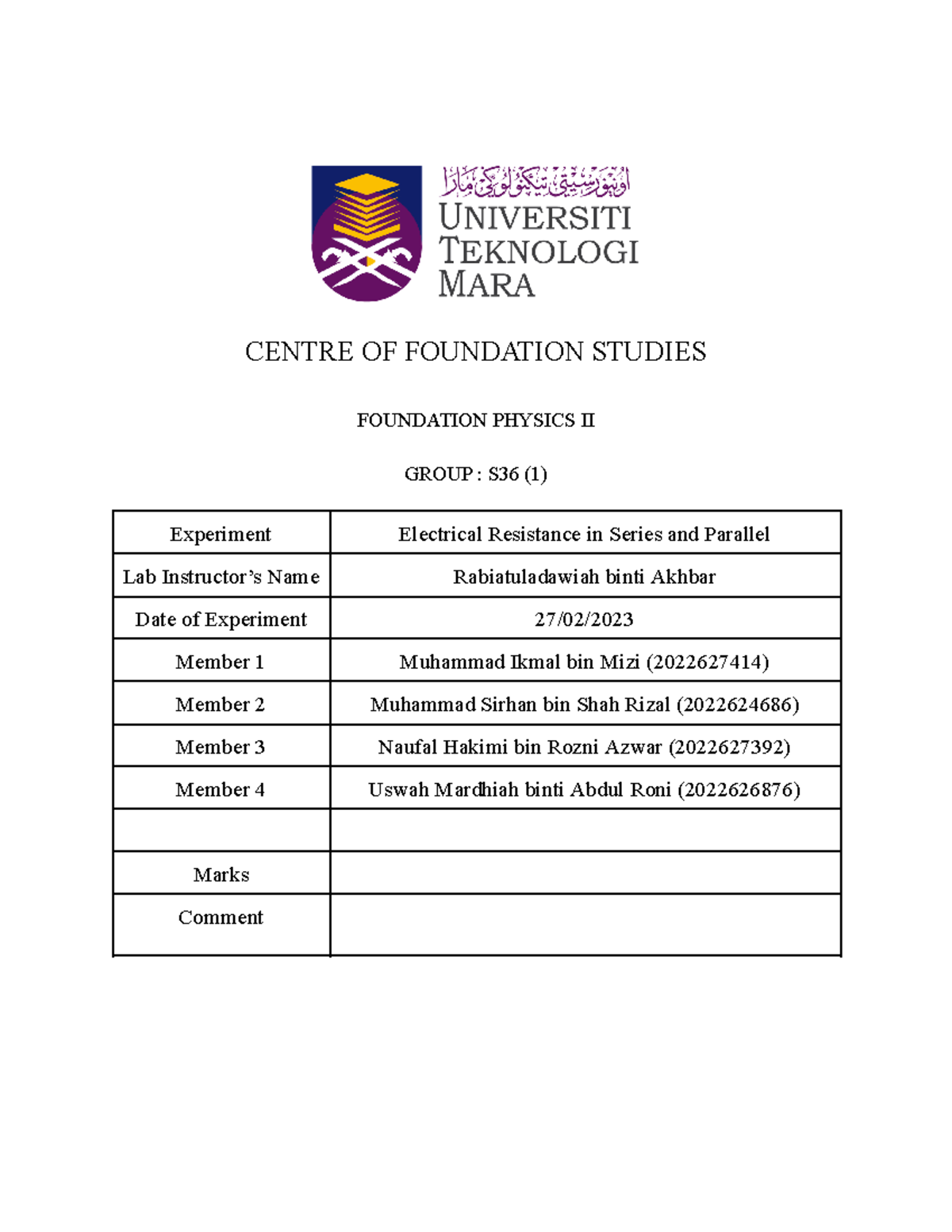 Resistance in Series & Parallel (GP1) - CENTRE OF FOUNDATION STUDIES FOUNDATION PHYSICS II GROUP ...