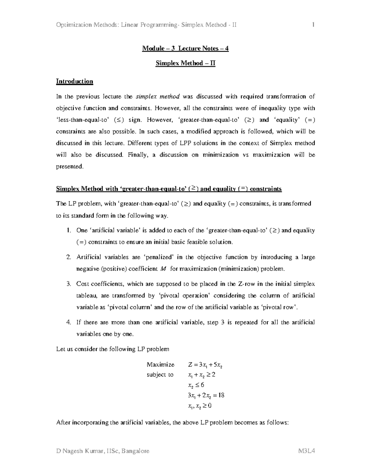 Mce518 Lecture 3c M Technique Module 3 Lecture Notes 4 Simplex Method Ii Introduction