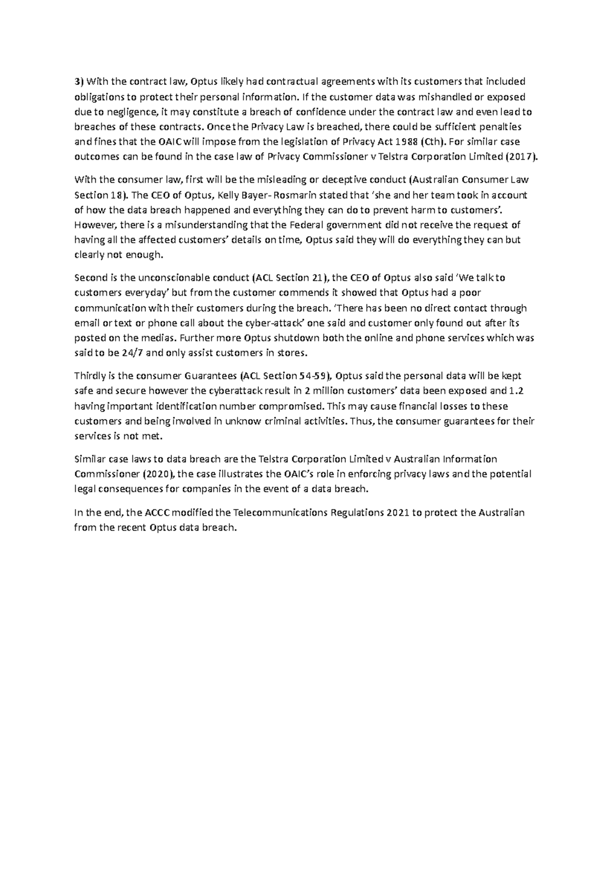 COMM1100 case study analysis part 3 - 3 ) With the contract law, Optus ...