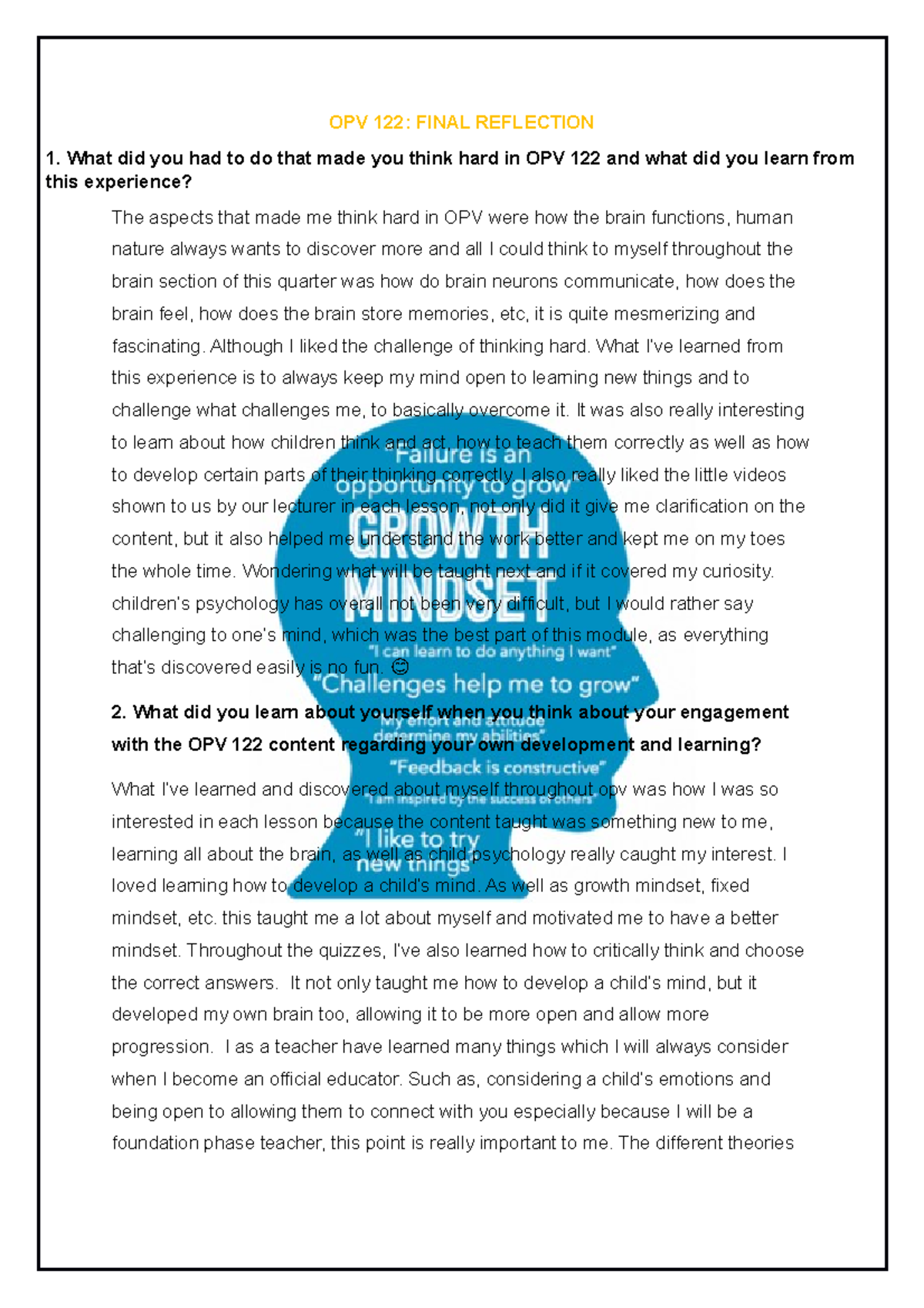 OPV 122 - Final Reflection Assessment - OPV 122: FINAL REFLECTION 1 ...