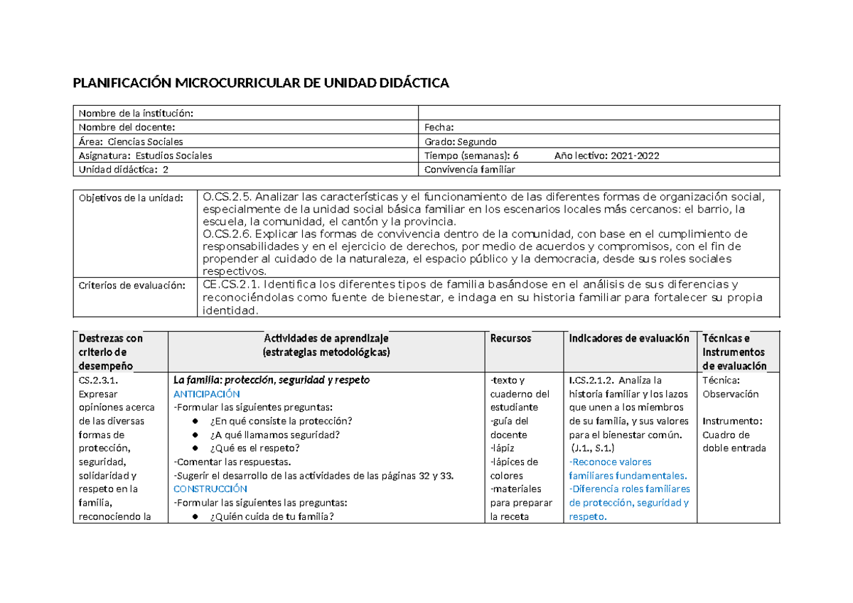 S2 U2 Plan - PLANIFICACIÓN MICROCURRICULAR DE UNIDAD DIDÁCTICA Nombre de la institución: Nombre ...