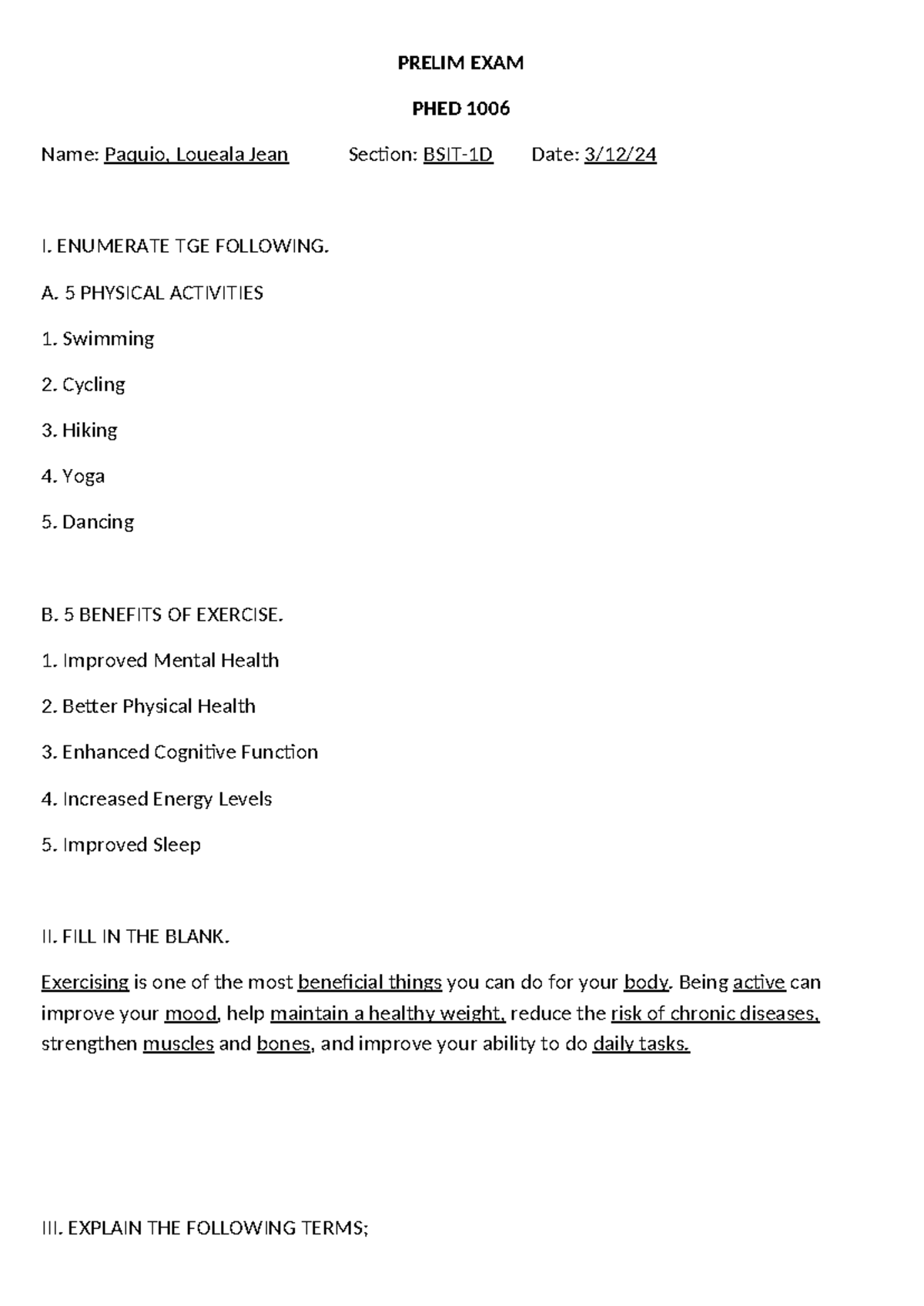Paquio Prelim EXAM - Jssjjs - PRELIM EXAM PHED 1006 Name: Paquio ...