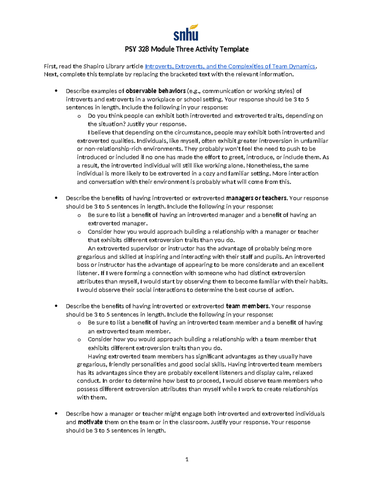 PSY 328 Module Three Activity - Next, complete this template by replacing the bracketed text ...