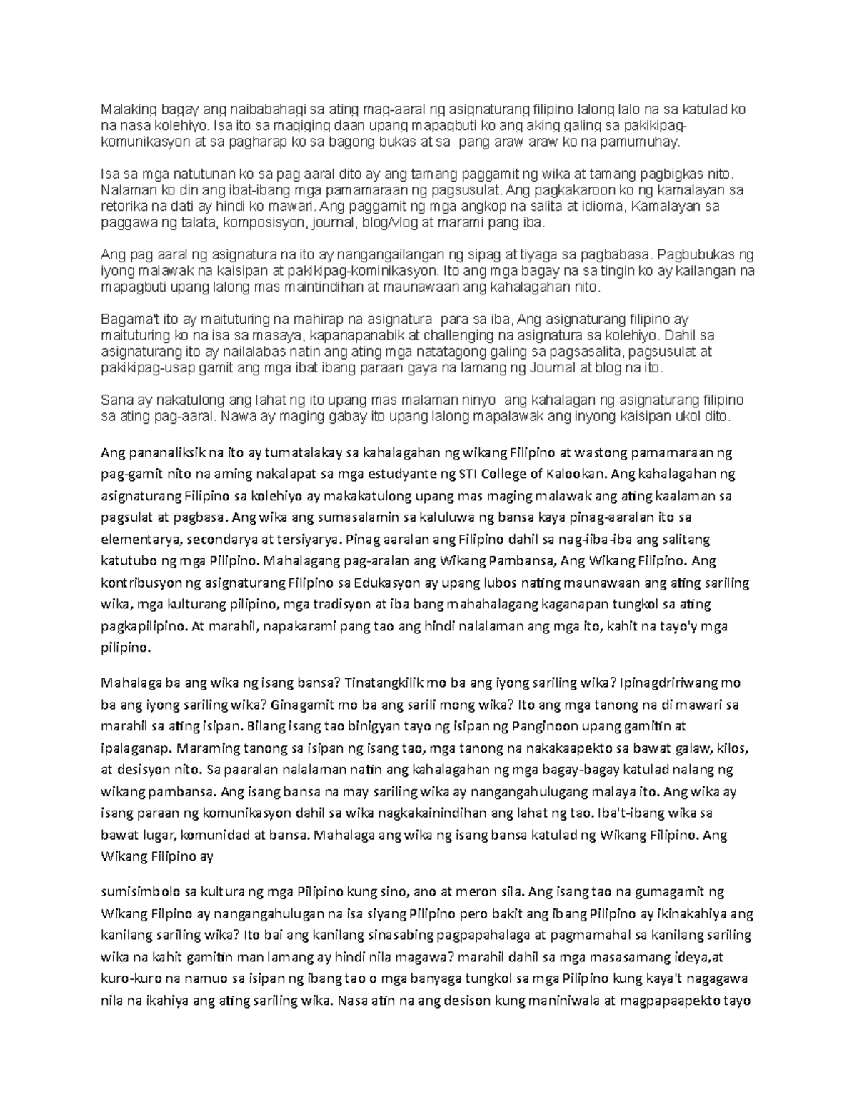 Filipino - None - Malaking bagay ang naibabahagi sa ating mag-aaral ng ...