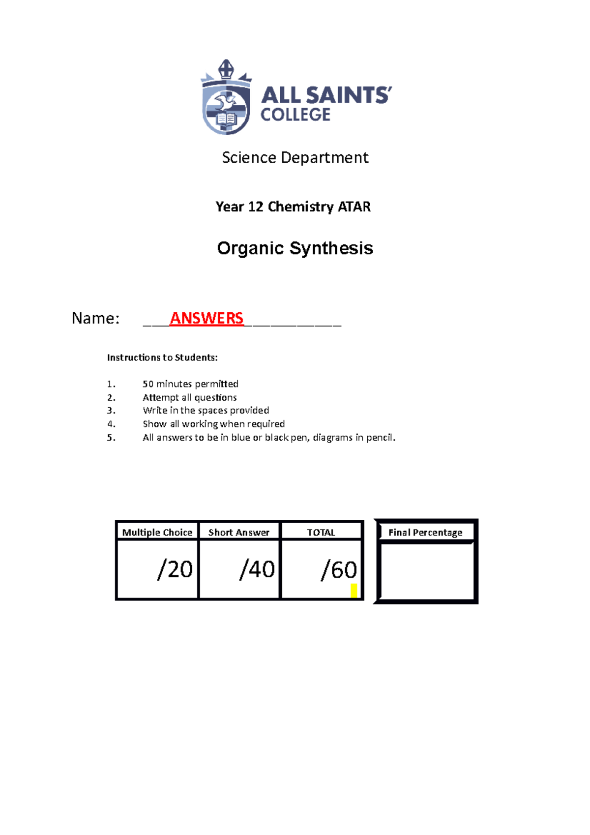 2017 Test 7 Organic Synthesis Answers - Science Department Year 12 ...