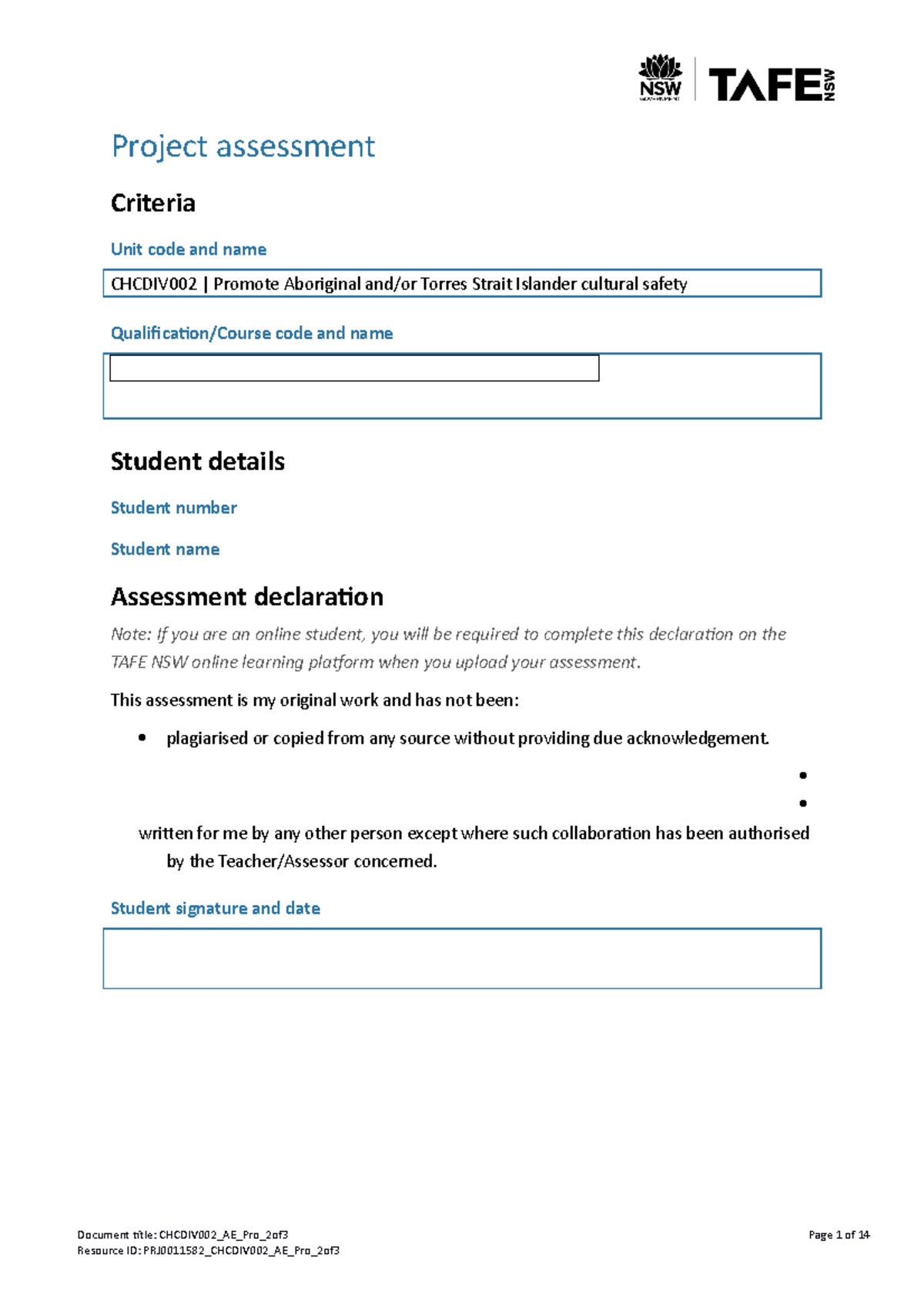 CHCDIV002 AE Pro 2of3 - Project assessment Criteria Unit code and name ...
