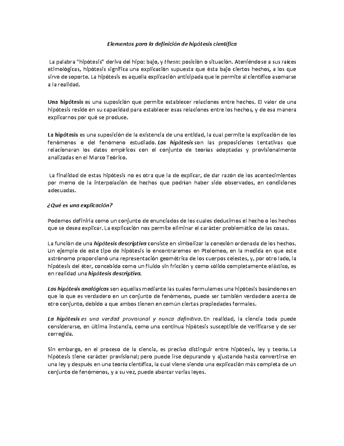 Elementos para la definición de hipótesis científica - Elementos para ...