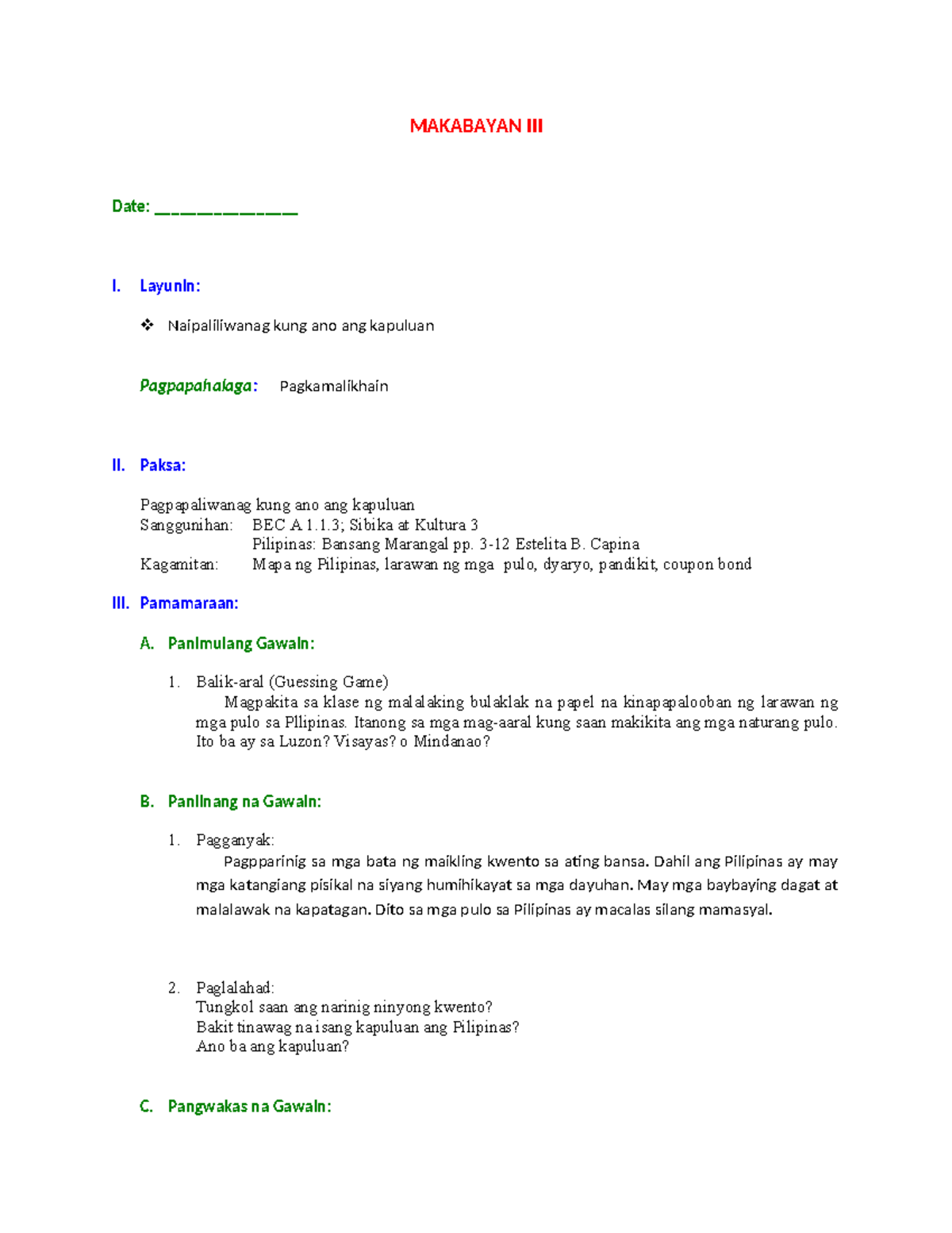 AP Lesson Plan 3 - MAKABAYAN III Date: _________________ I. Layunin ...