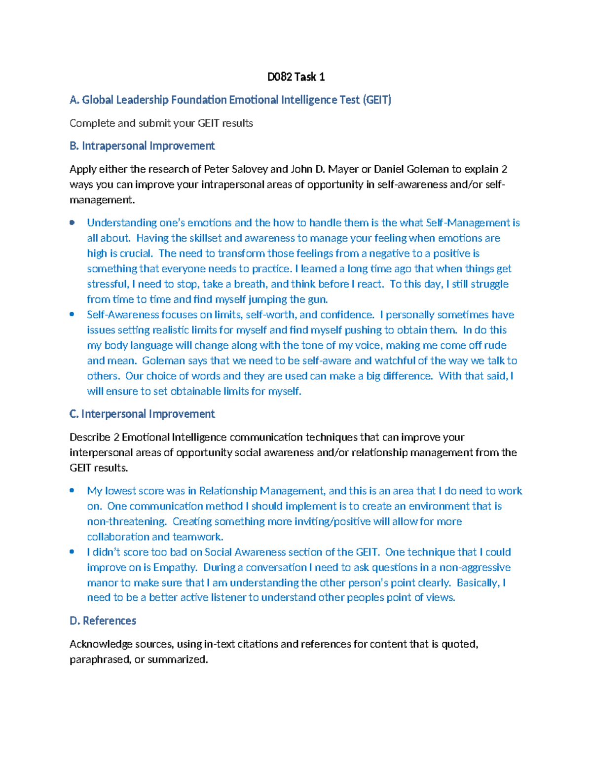 D082-Task 1 Passed - D082 Task 1 A. Global Leadership Foundation ...