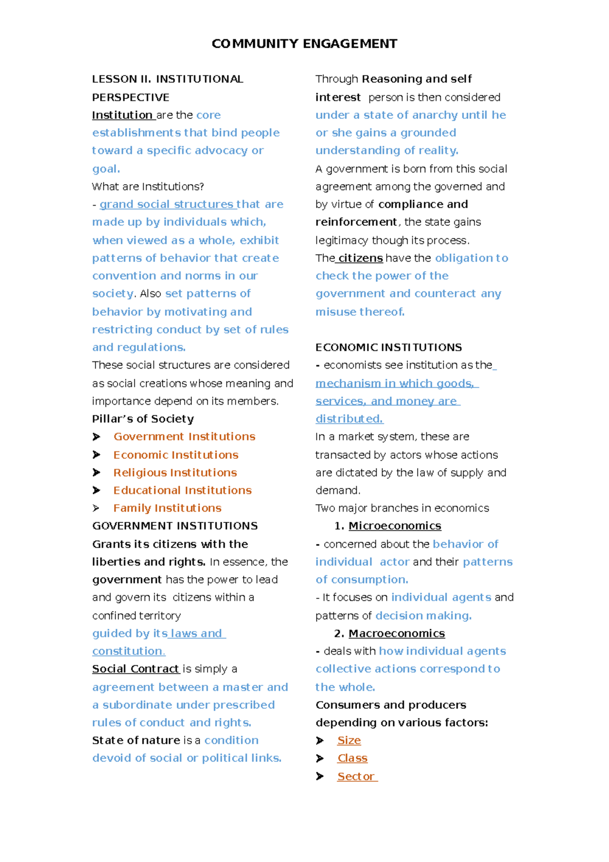 COM ENG Reviewer - Copy - COMMUNITY ENGAGEMENT LESSON II. INSTITUTIONAL ...