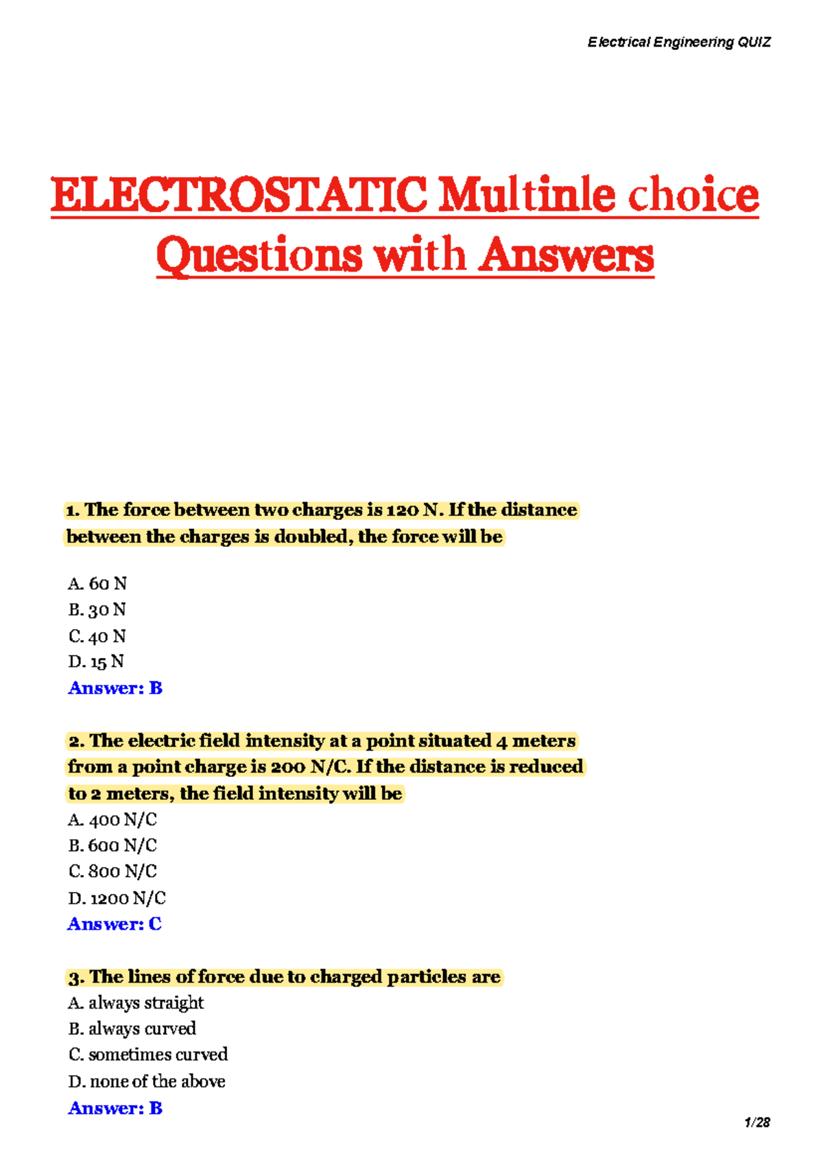 Electrical engineering Electrostatic Multinle choice Questions with ...
