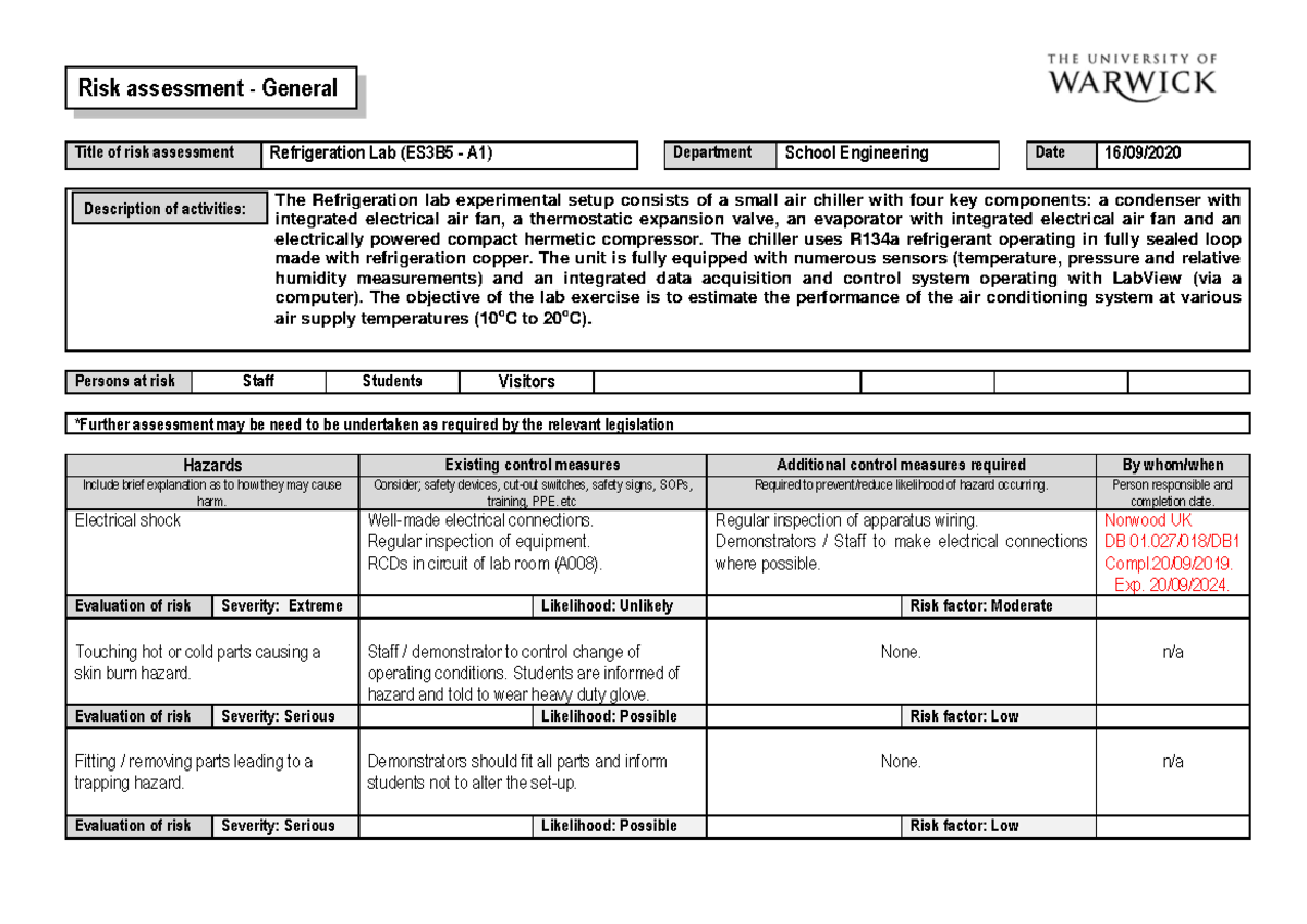 Risk Assessment Refrigeration Lab 2020-2021 ES3B5 - Title of risk ...