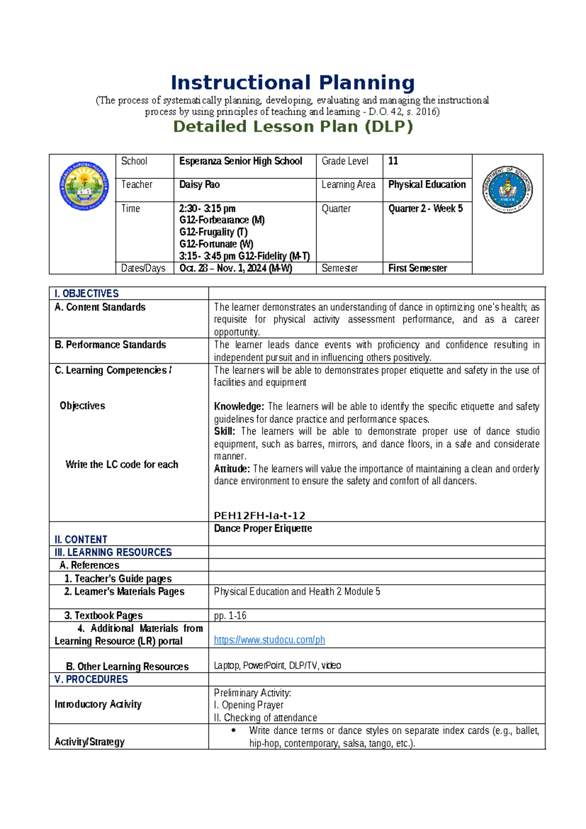 DLP-PE12 Q2 W5 - Physical Education 12 Detailed Lesson Plan ...