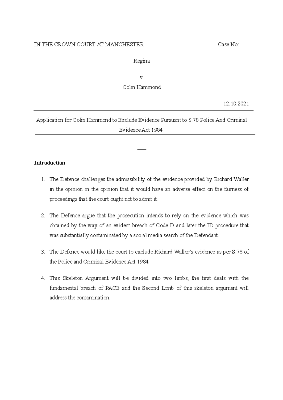 Hammond Skeleton Argument-Criminal Advocacy - IN THE CROWN COURT AT ...