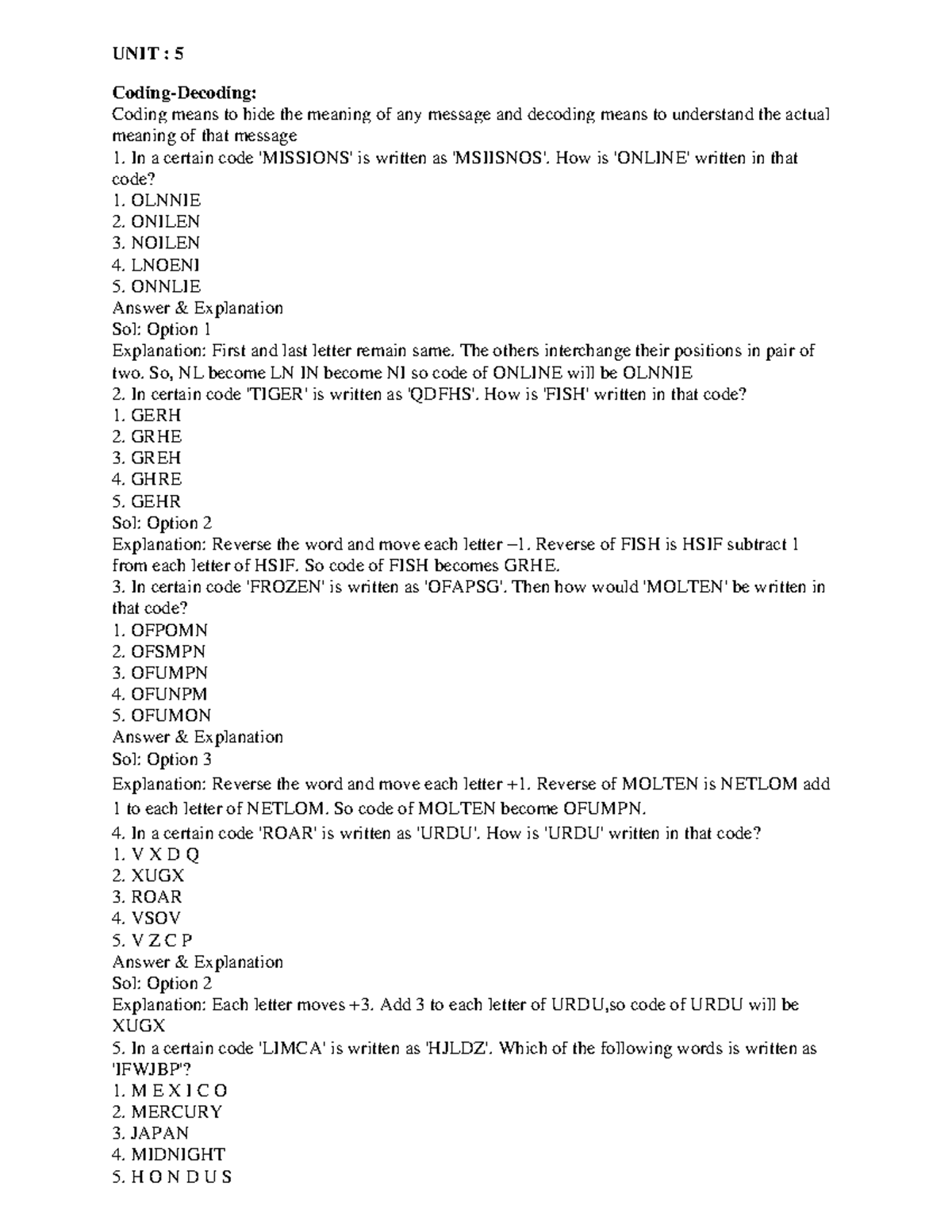 Unit 5 notes - useful for Aptitute test - UNIT : 5 Coding-Decoding ...