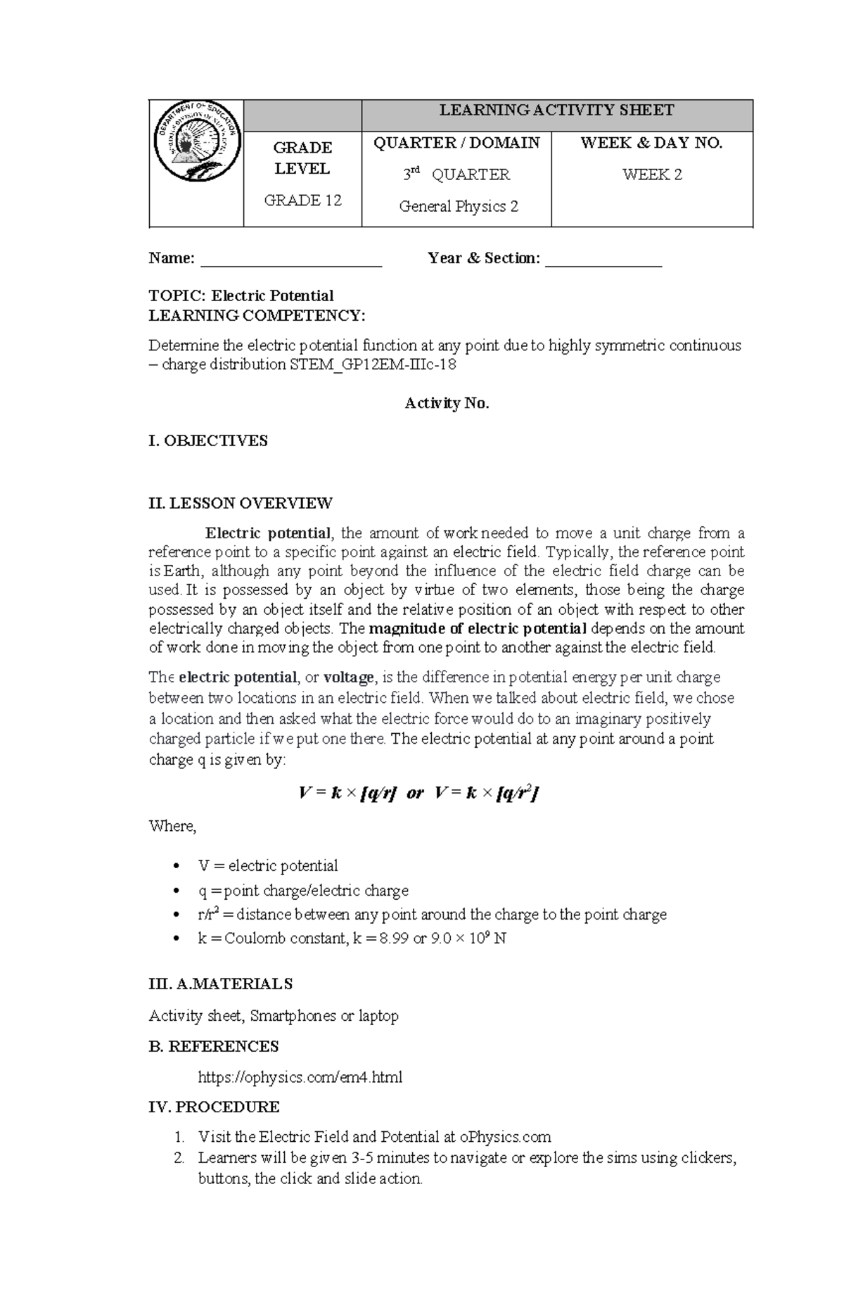 Electric-Potential-Week2LAS - LEARNING ACTIVITY SHEET GRADE LEVEL GRADE ...