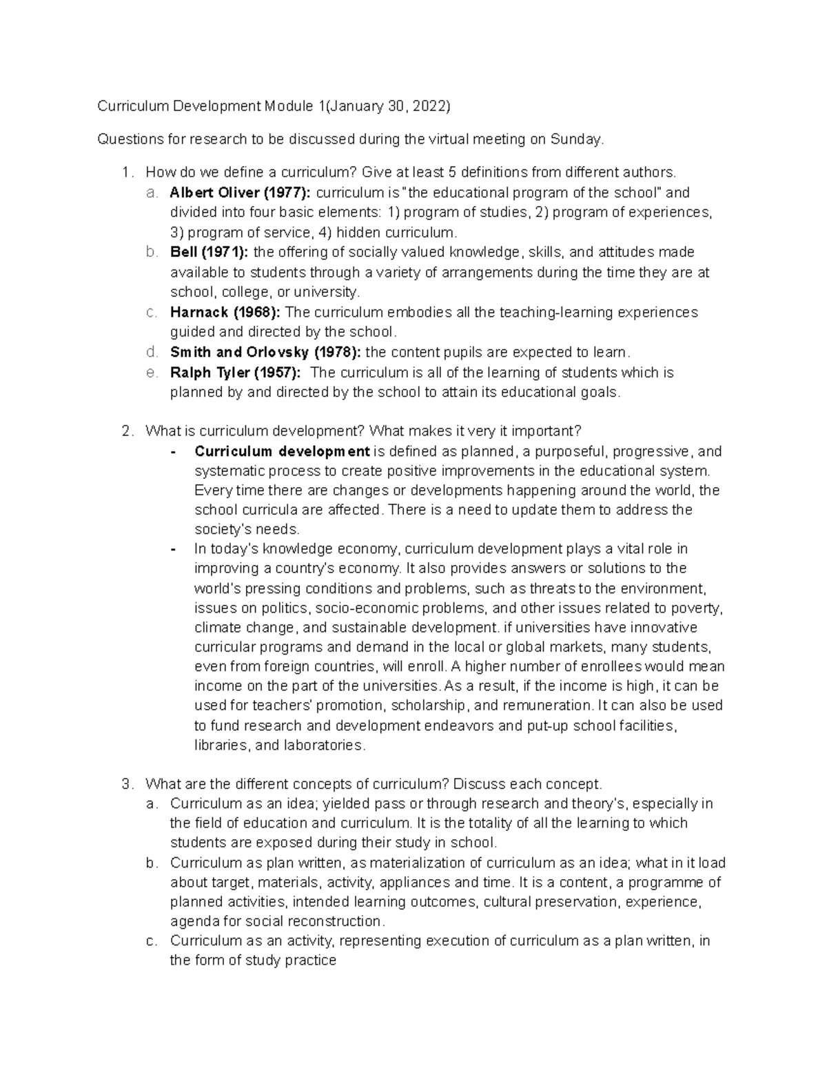 Curriculum Development Module 1 - How do we define a curriculum? Give ...