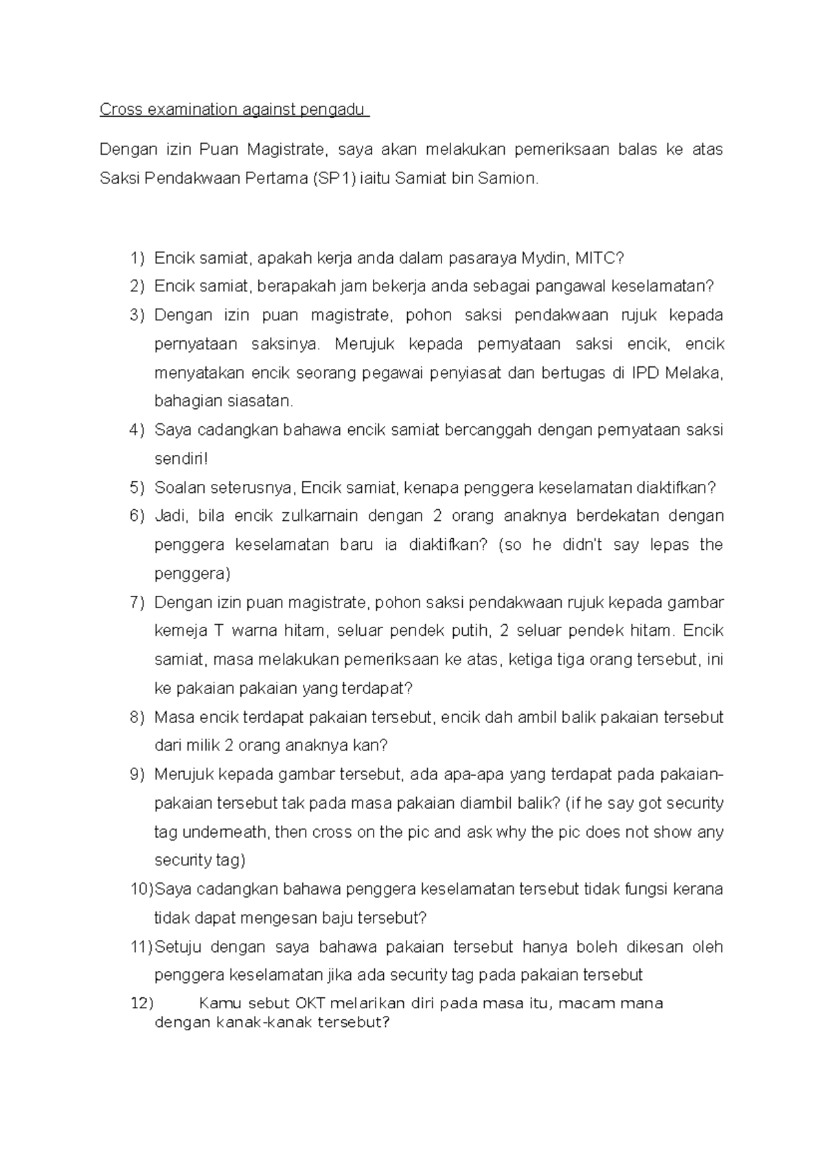 Cross examination script for Case 2 - Cross examination against pengadu ...