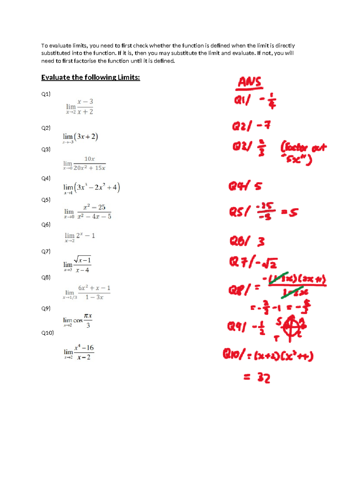 Ws - 10 x Limits Practice - To evaluate limits, you need to first check ...