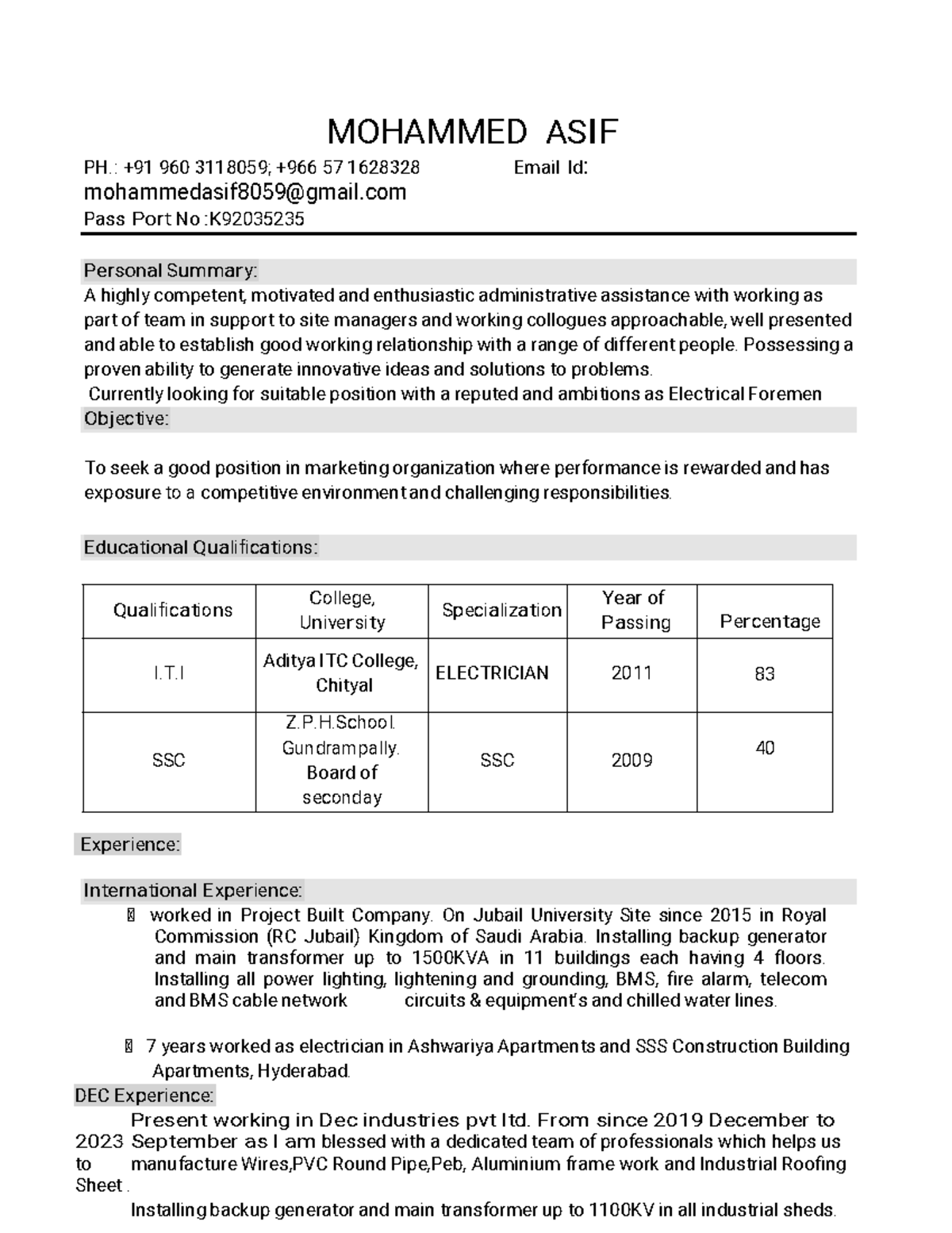 Asif cv-1 - MOHAMMED ASIF PH.: +91 960 3118059; +966 57 1628328 Email ...