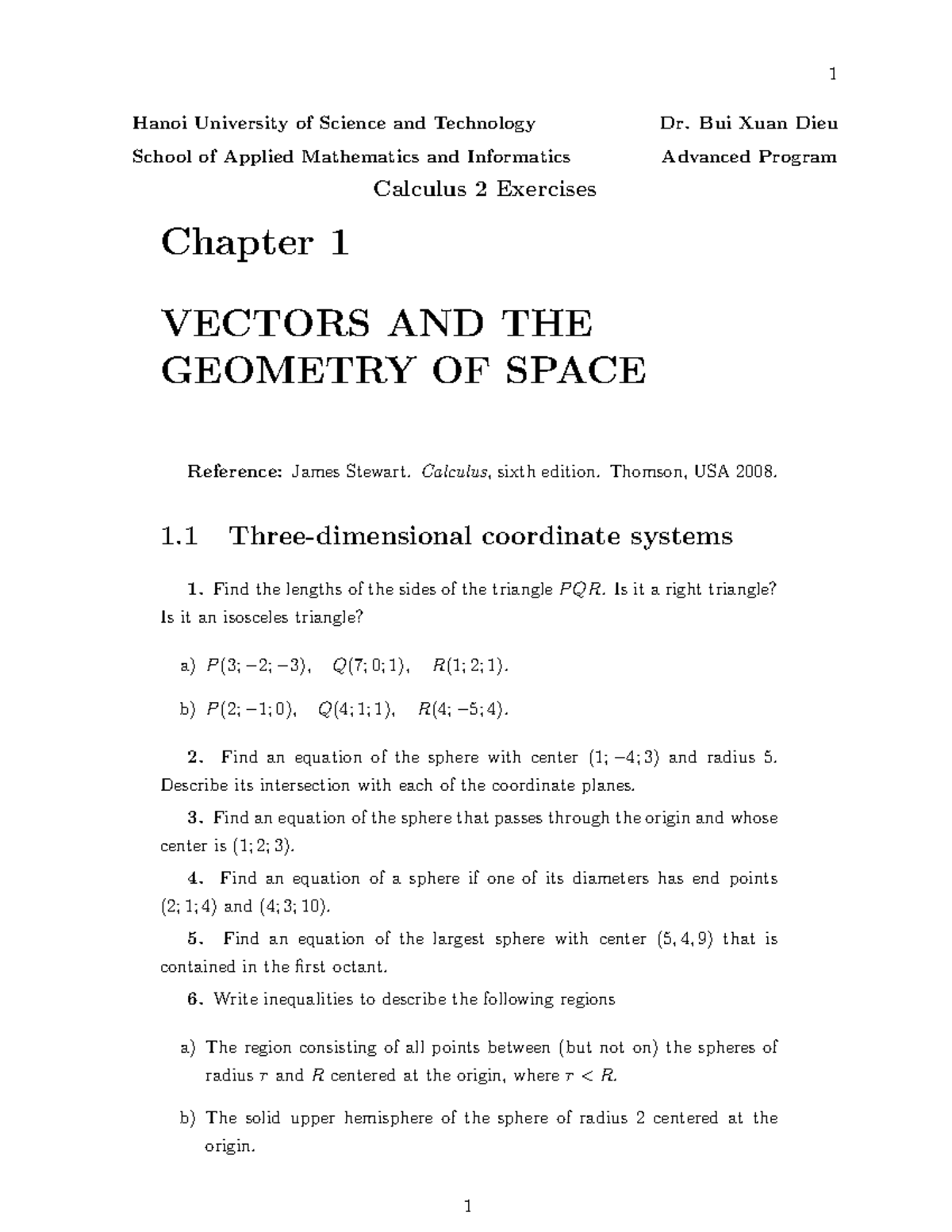 Calculus II Baitap BXD - Chapter 1 VECTORS AND THE GEOMETRY OF SPACE ...