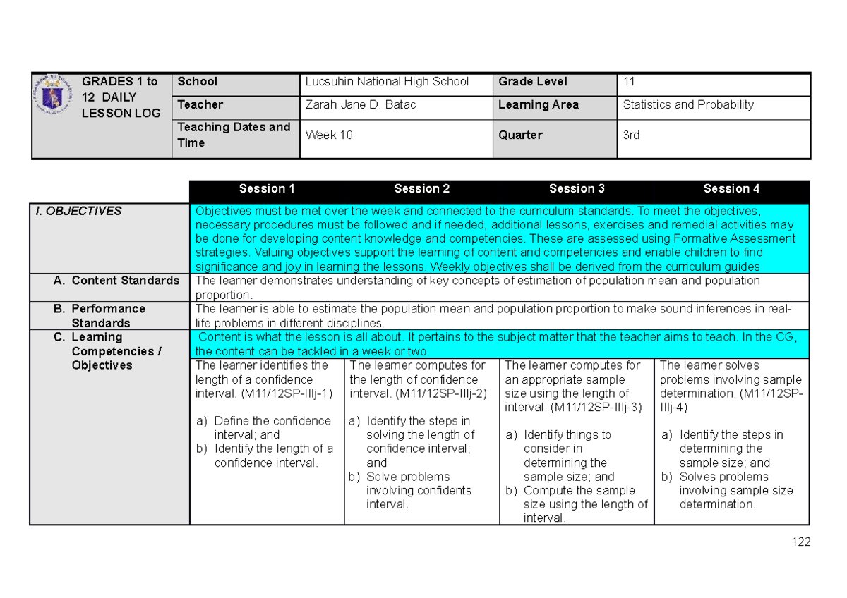 Lesson Plan in Statistics WEEK 10 - GRADES 1 to 12 DAILY LESSON LOG ...